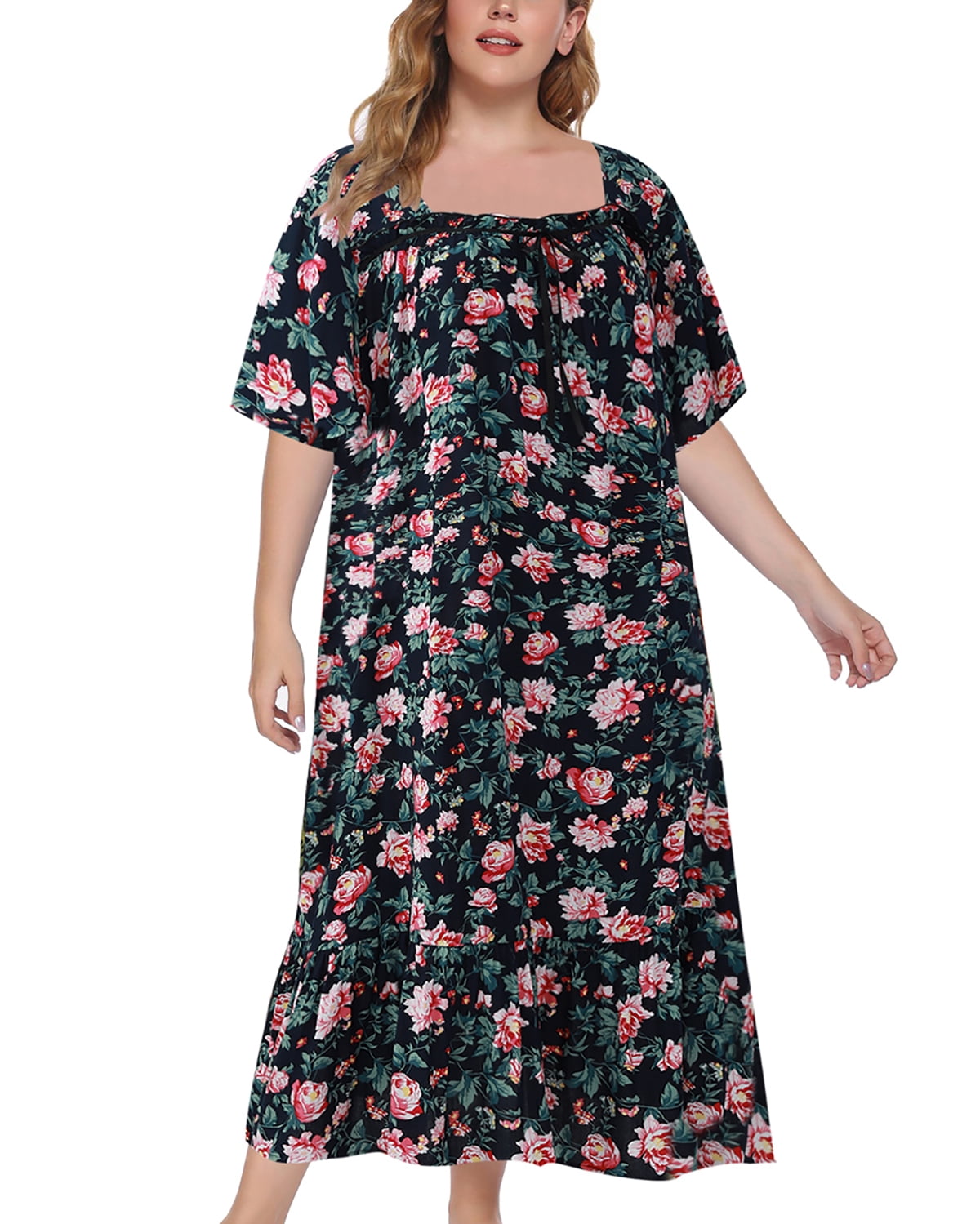 Womens Plus Size Nightgowns Sleepwear Floral Square Neck Loungewear ...