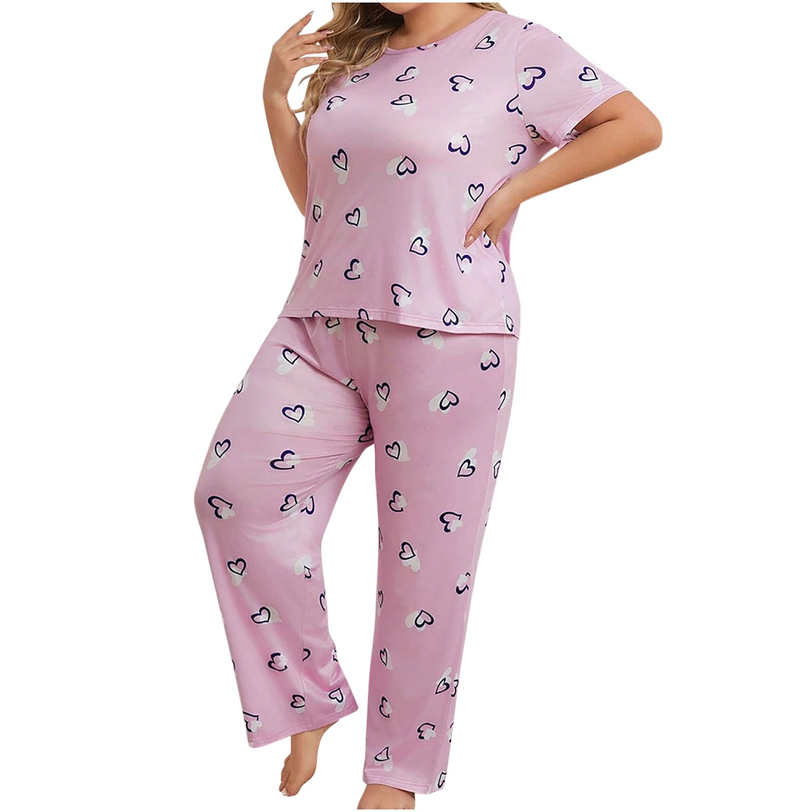 Womens Plus Size Pajama Sets Women's Plus Size 2 Piece Pajama Set Print Round Neck Short Sleeve ...