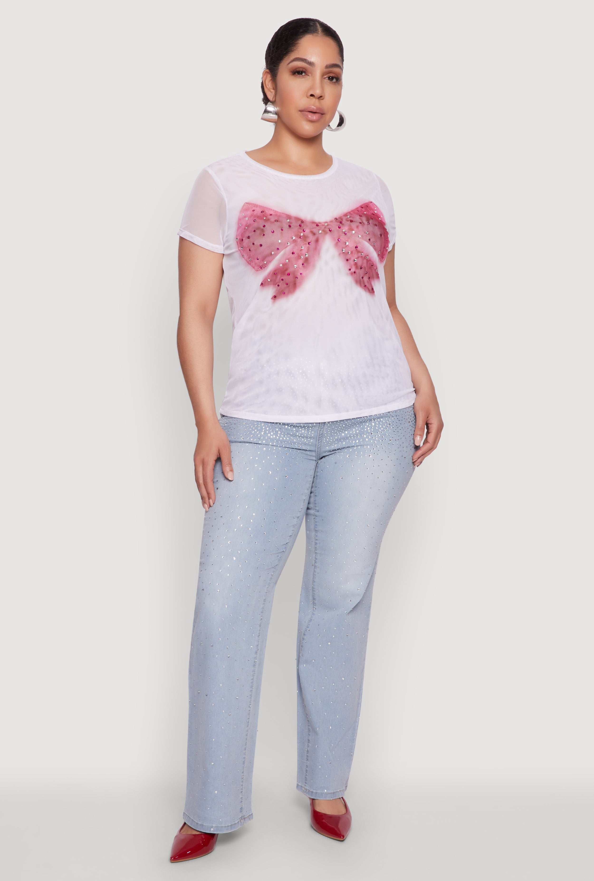 Womens Plus Size Rhinestone Bow Graphic Mesh Top - Walmart.com
