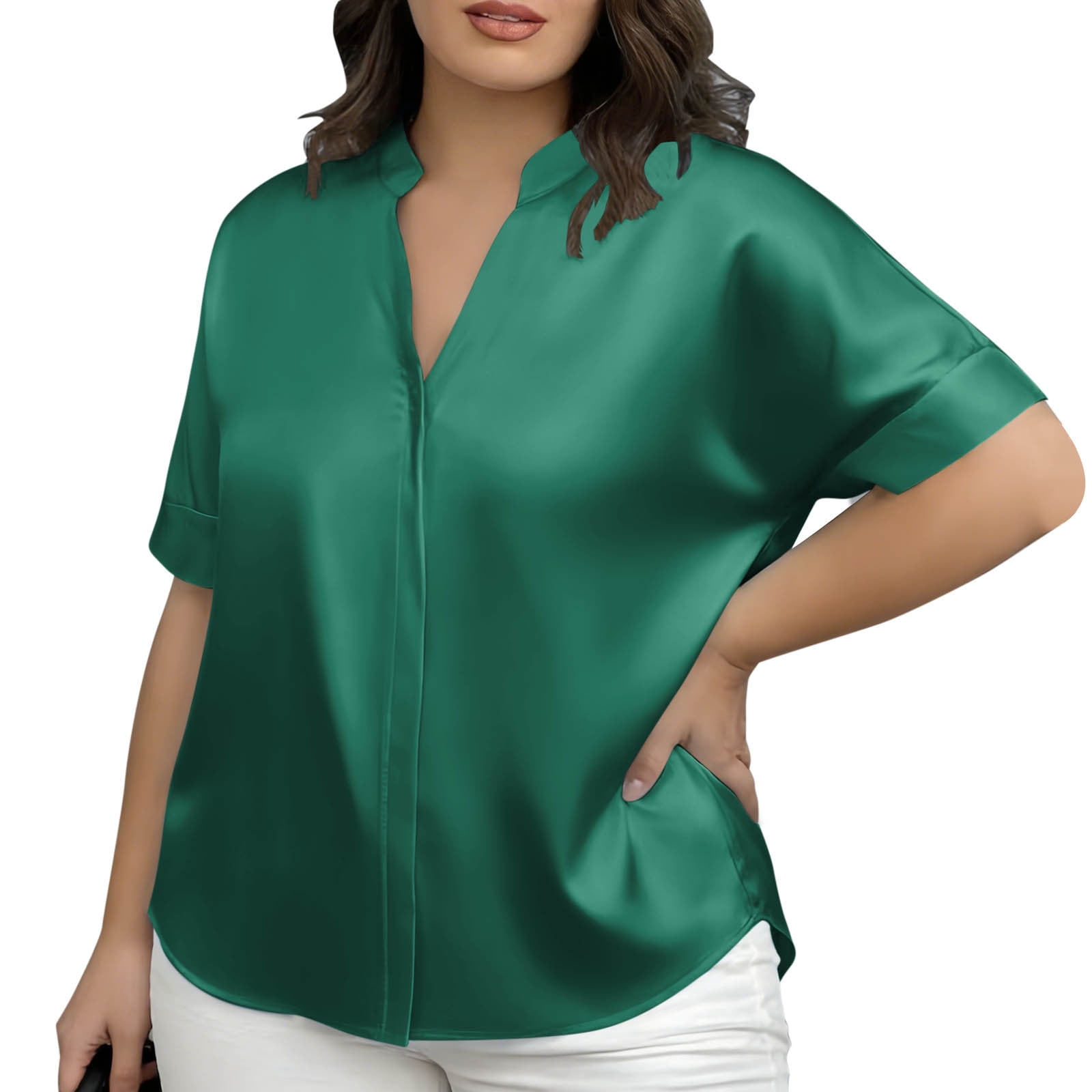 Womens Plus Size Satin Short Sleeve V Neck Loose Fit Blouses Elegant ...