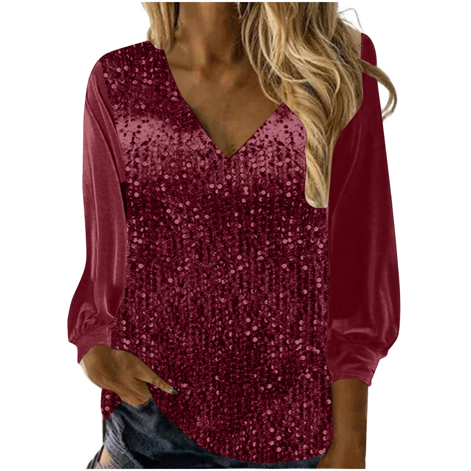 Womens Plus Size Sequin Tops Dressy Velvet Long Sleeve V Neck Shirt ...