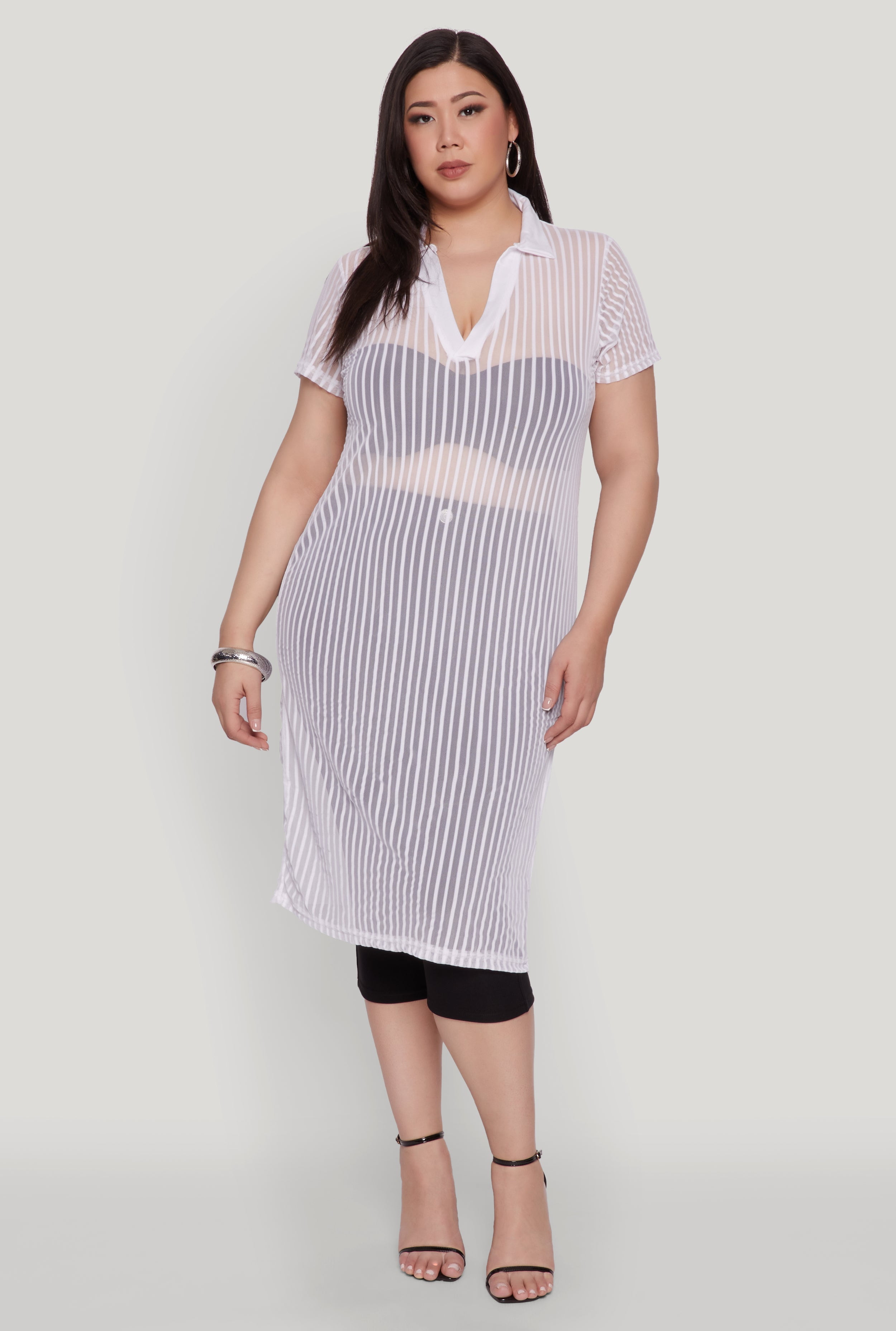 Womens Plus Size Shadow Stripe Collared Mesh Top - Walmart.com