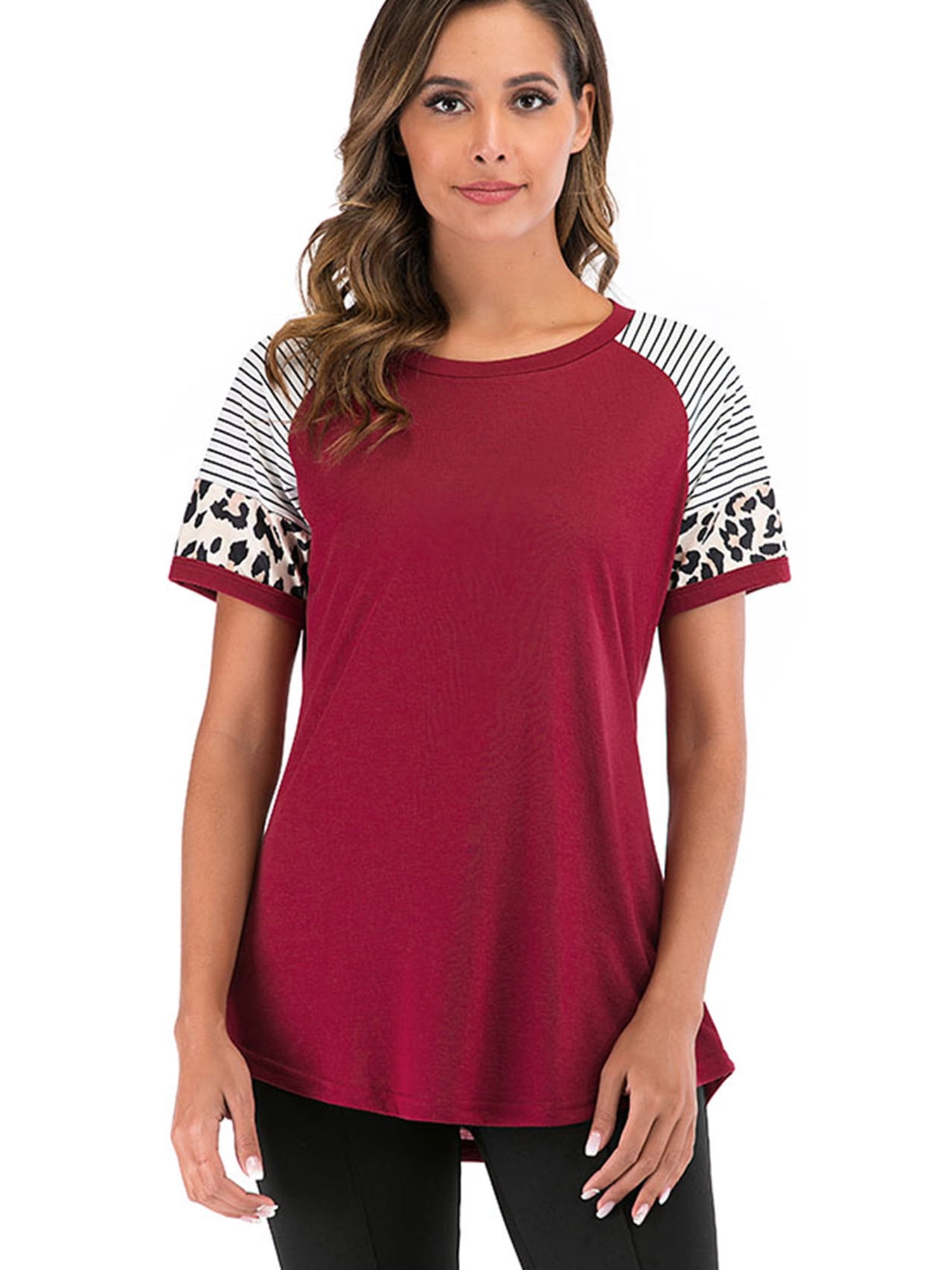 Womens Plus Size Striped Shirt Round Neck Short Sleeve Patchwork Color ...