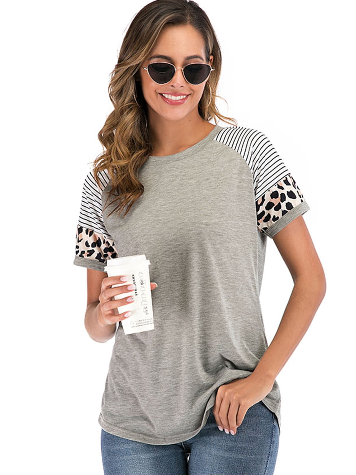 Womens Plus Size Striped Shirt Round Neck Short Sleeve Patchwork Color ...