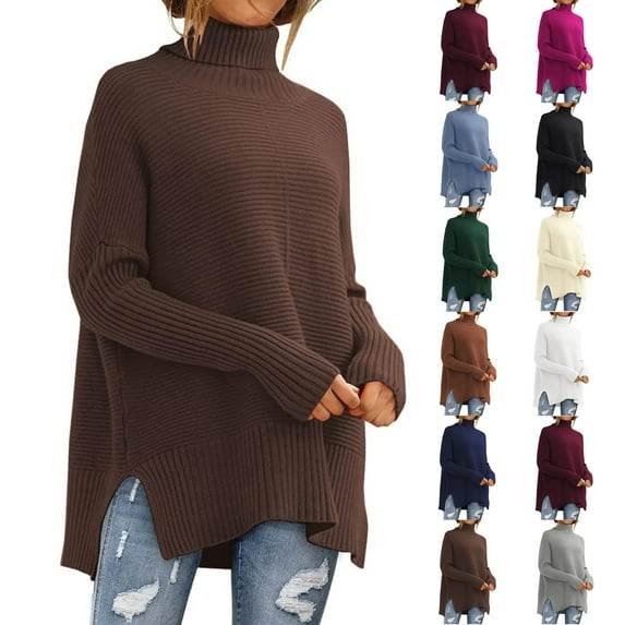 Womens Plus Size Sweaters Long Sleeve Crew Neck Split Hem Casual ...