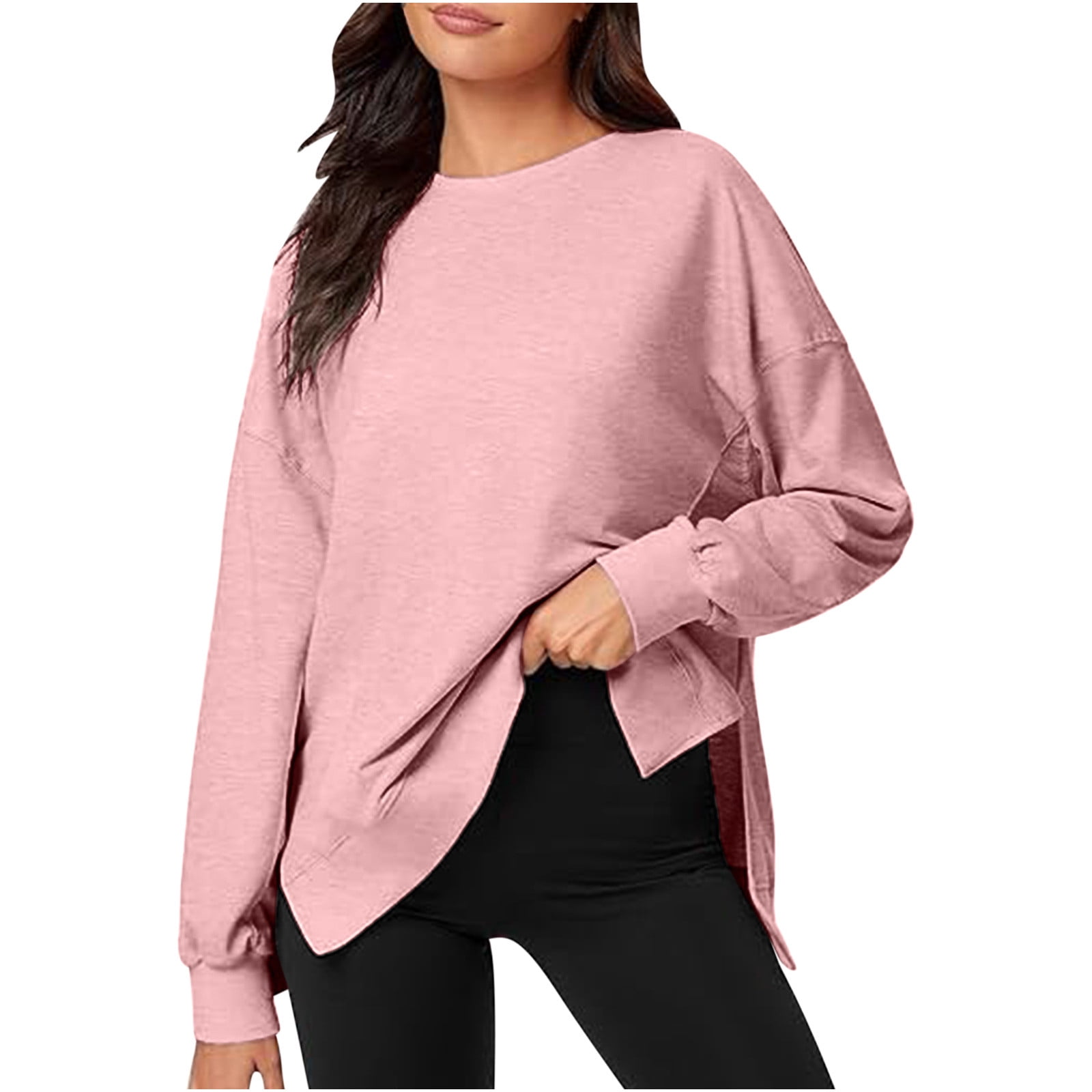 Womens Plus Size Sweatshirt Crew Neck Long Sleeve Casual Tops Side Slit