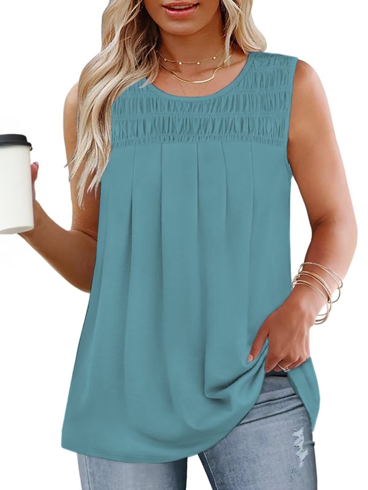 Womens Plus Size T Shirts Fashion Flowy Pleated Comfy Solid Color Tank ...