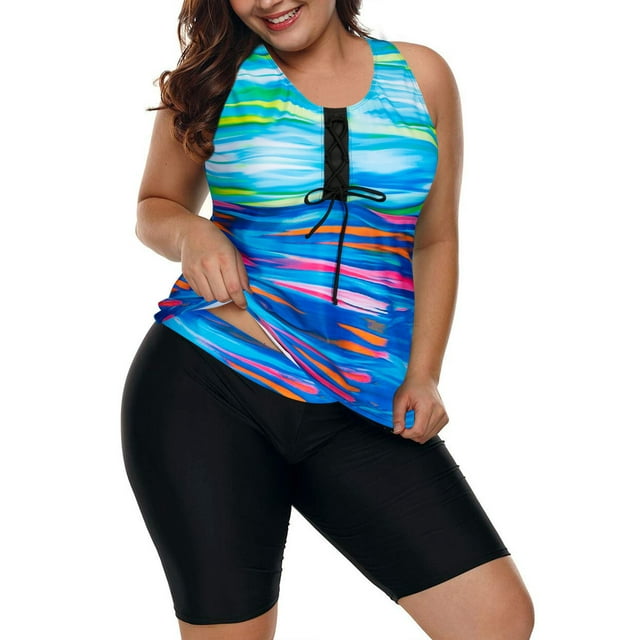 Womens Plus Size Tankini Swimsuit Rash Guard Capris Athletic Two Piece ...