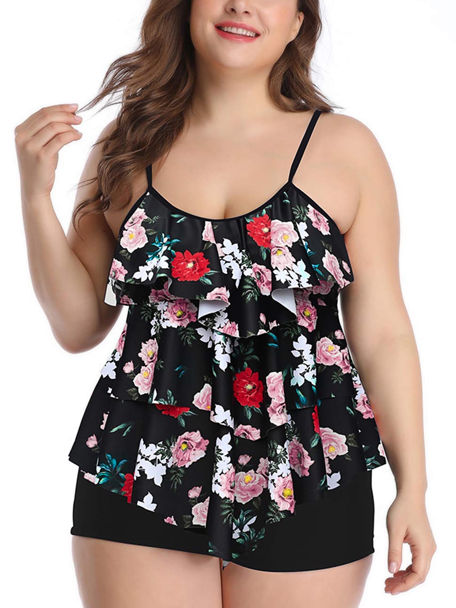 Womens Plus Size Tankini Swimsuits with Shorts 2 Piece Ruffled Bathing ...