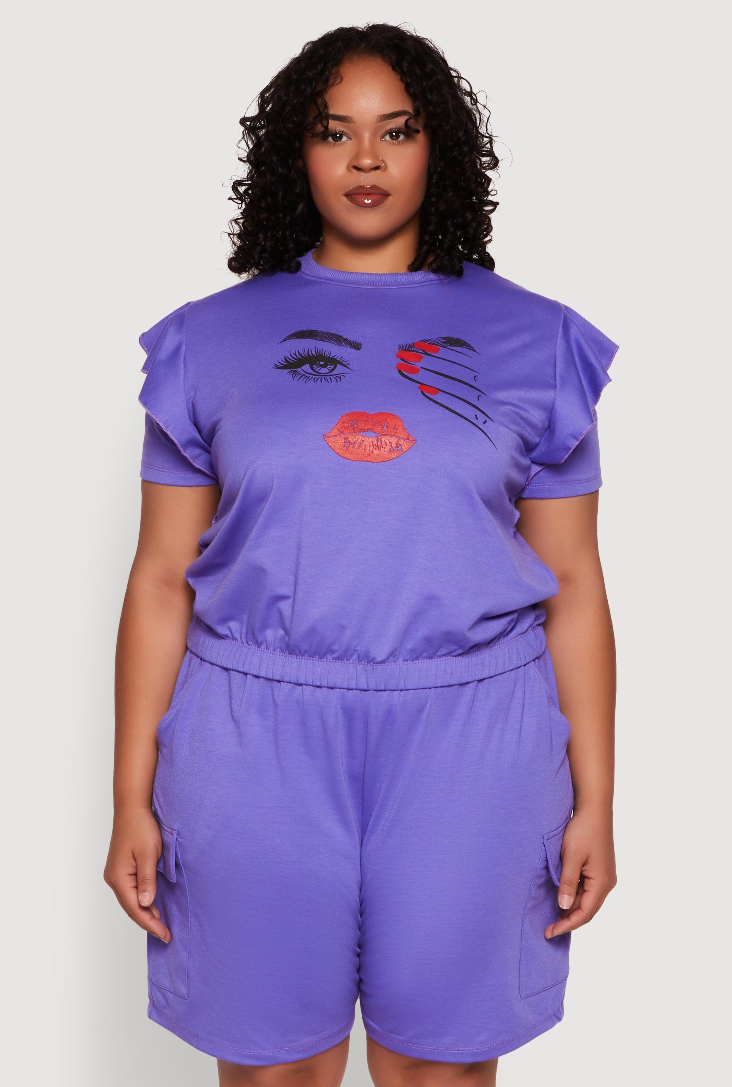 Womens Plus Size Tiered Ruffle Sleeve Face Graphic Top - Walmart.com