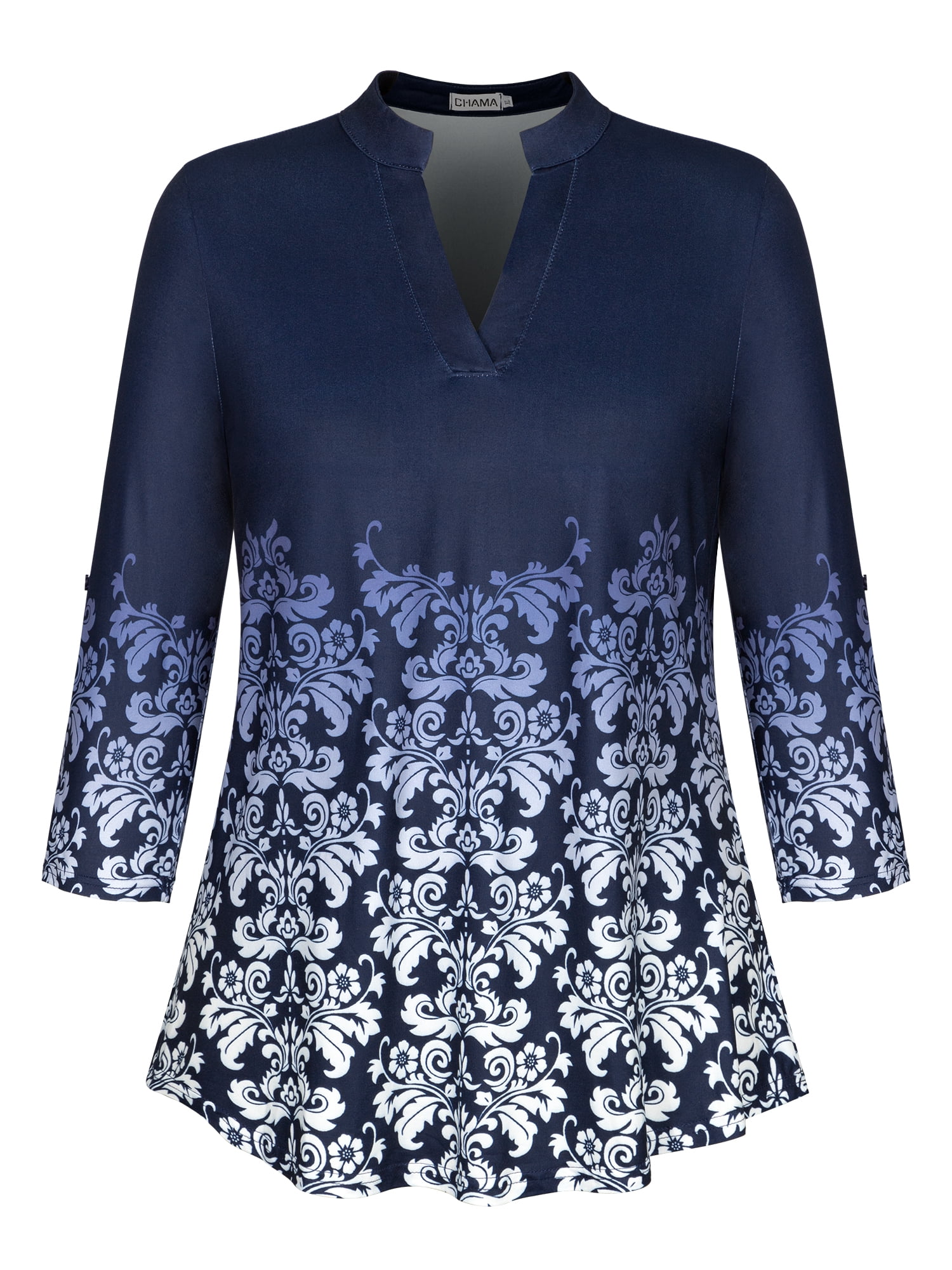 Womens Plus Size Tops 3/4 Roll Sleeve Shirts Notch V Neck Tunic Blouses ...