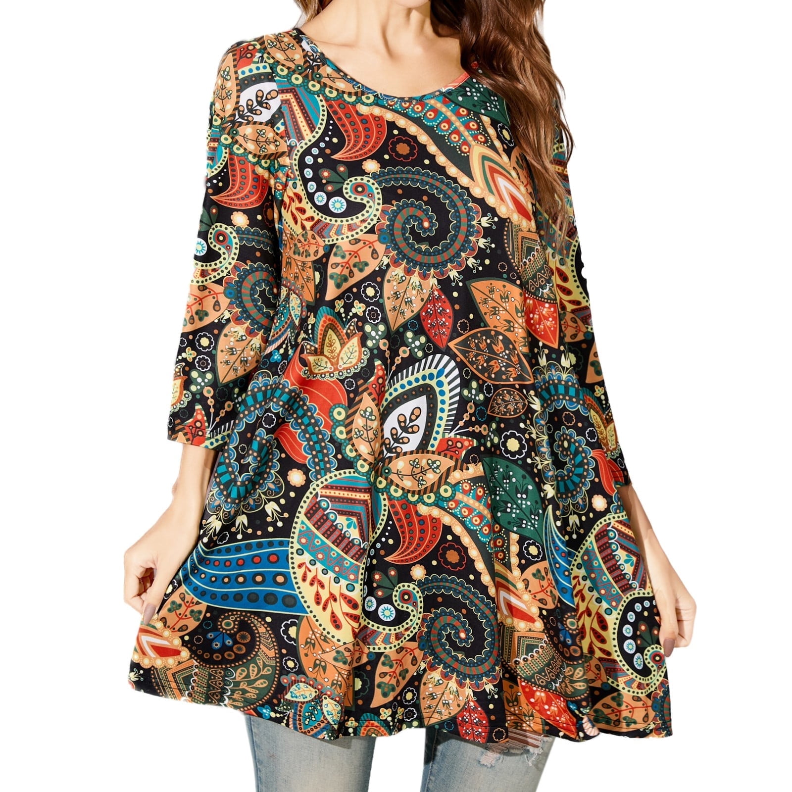 Womens Plus Size Blouses Casual 3/4 Sleeve Loose Fit Paisley Shirts for ...