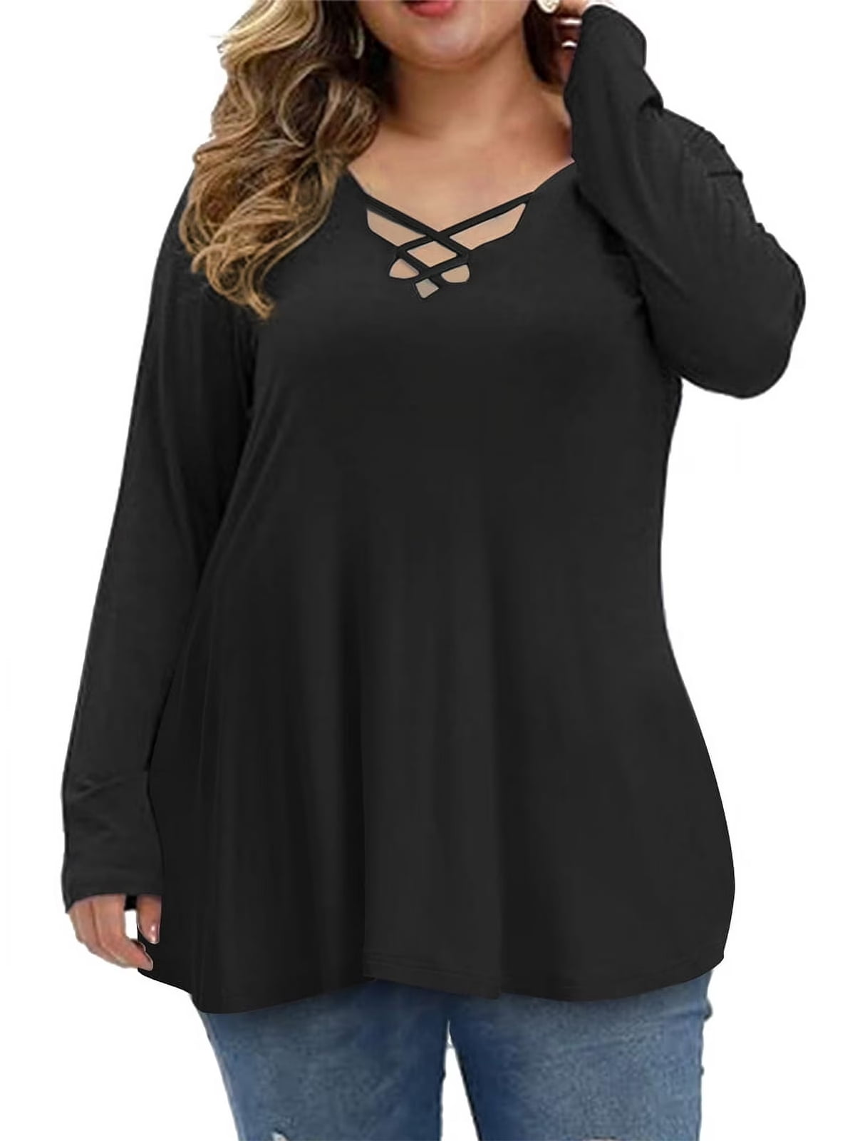 Mengpipi Womens Plus Size Tops Criss Cross V Neck Long Sleeve Fall ...
