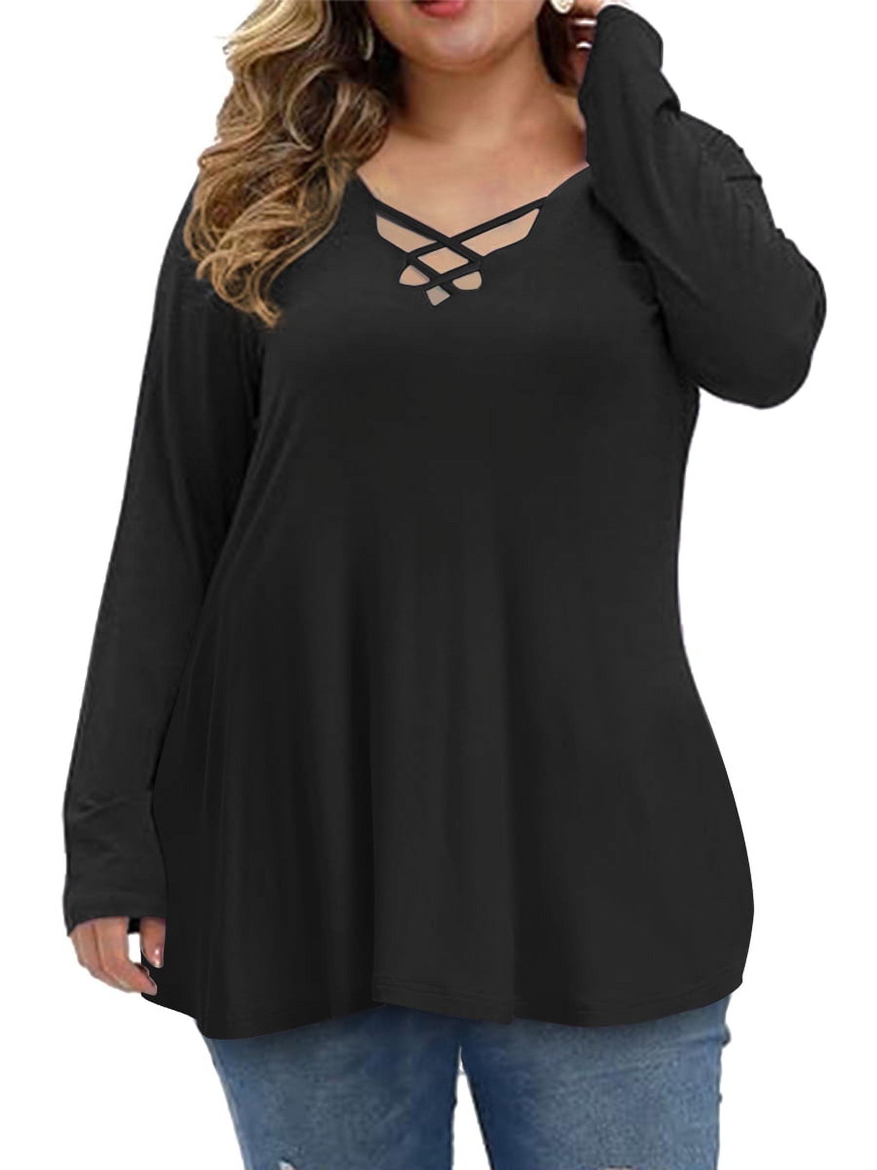 Womens Plus Size Tops Criss Cross V Neck Long Sleeve Fall Casual Shirt ...
