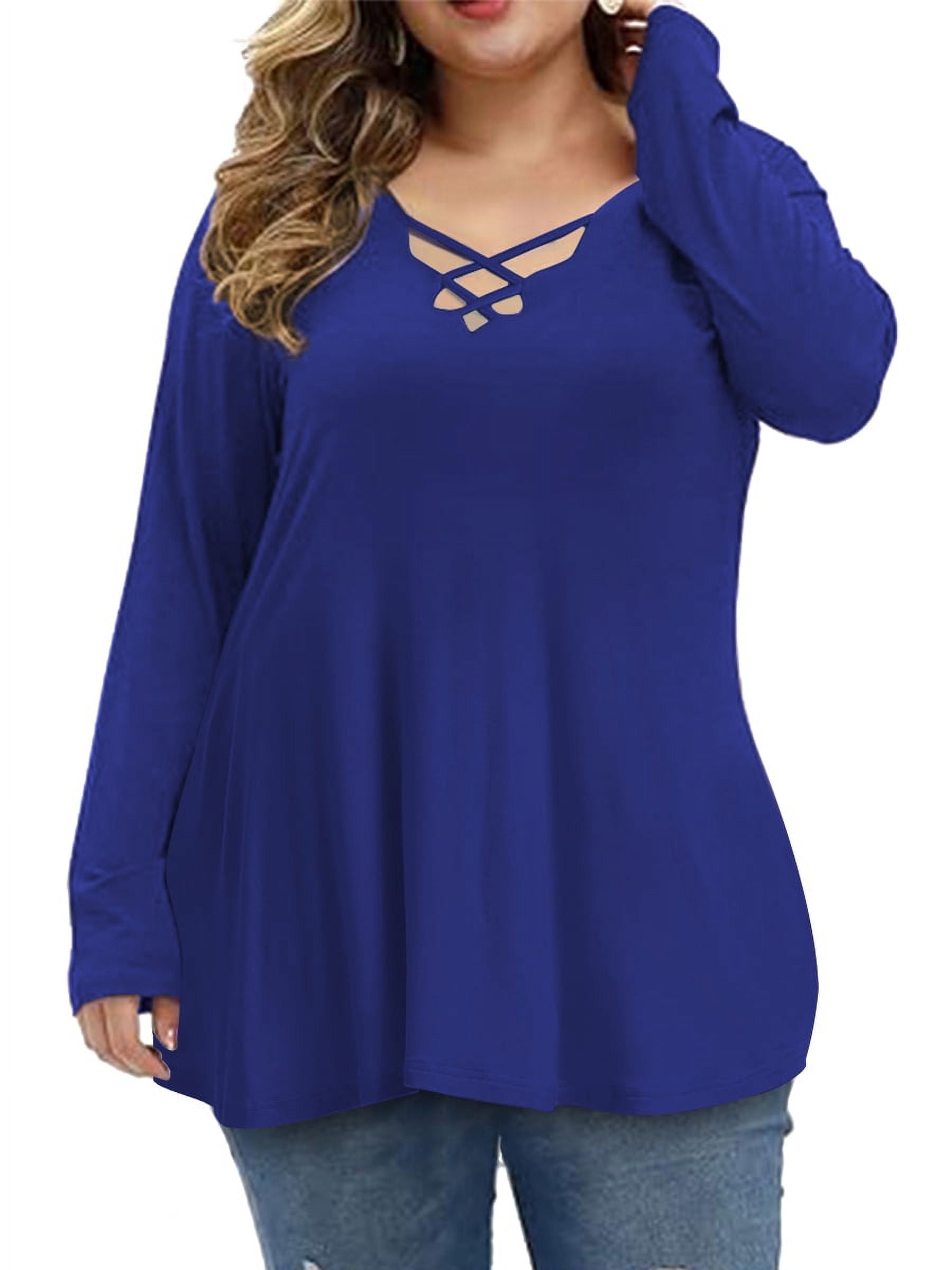 Womens Plus Size Tops Criss Cross V Neck Long Sleeve Fall Casual Shirt ...