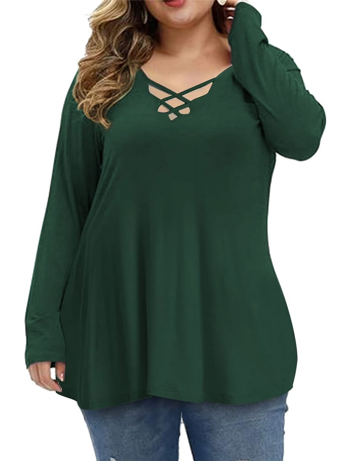 Womens Plus Size Tops Criss Cross V Neck Long Sleeve Fall Casual Shirt ...