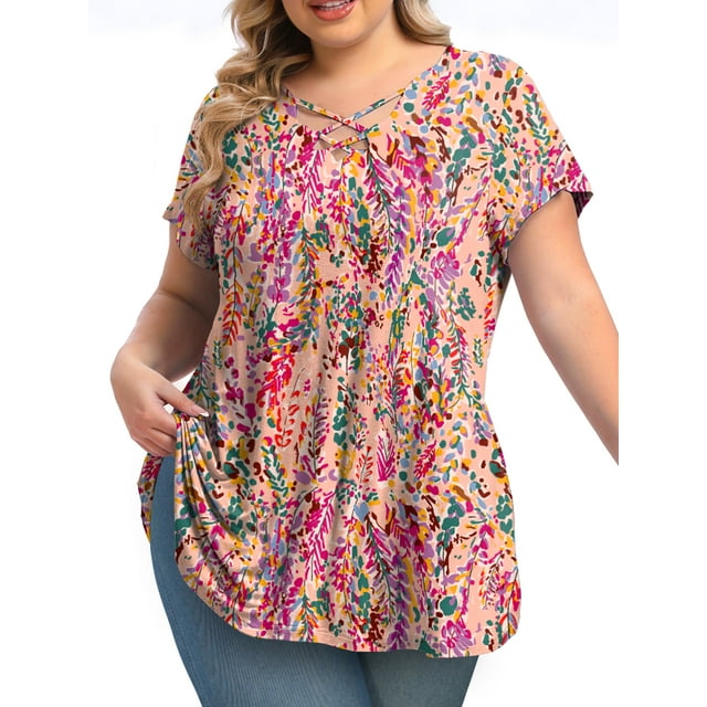 Womens Plus Size Tops Criss Cross V Neck Short Sleeve Summer Casual ...