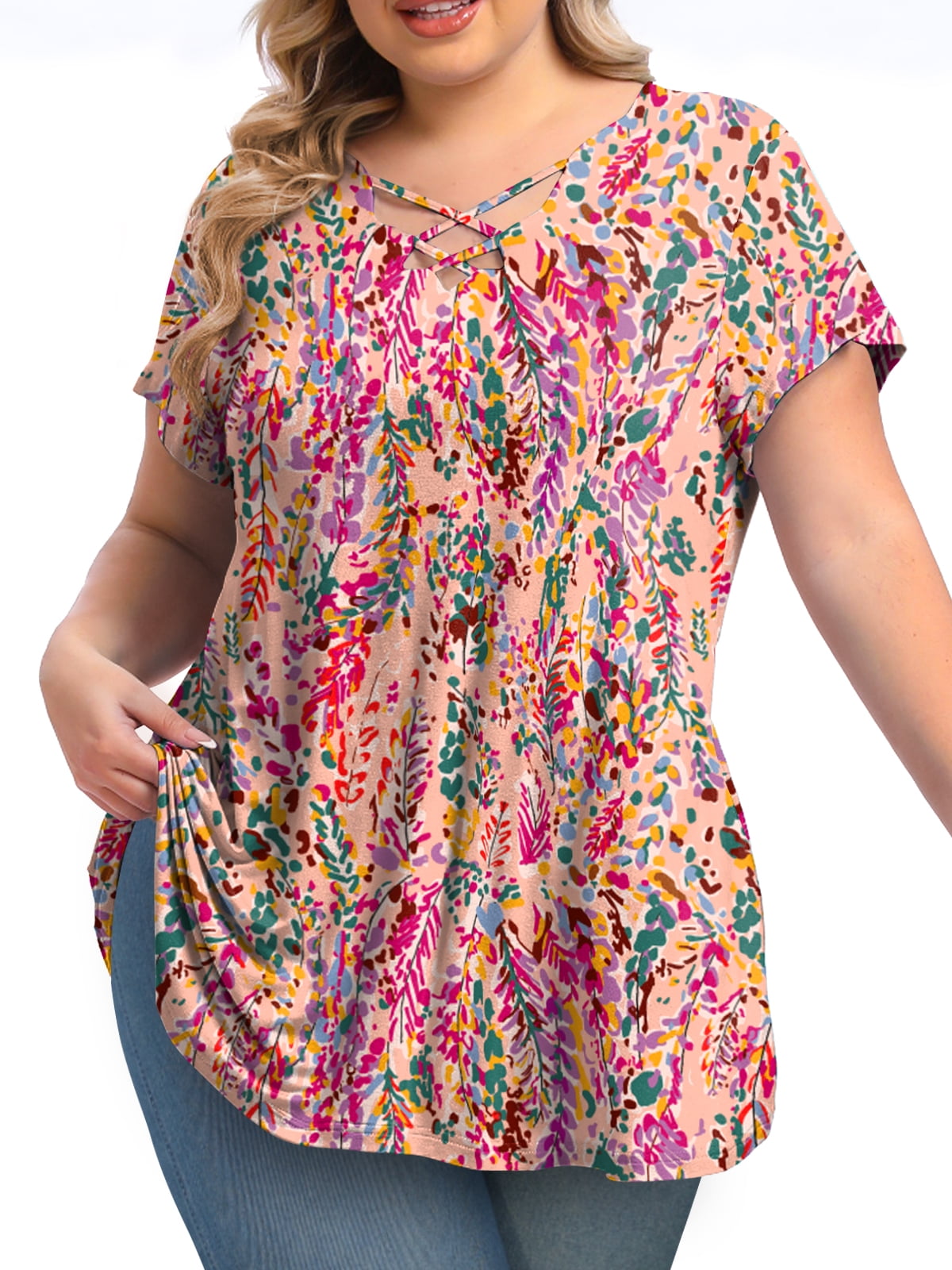 Womens Plus Size Tops Criss Cross V Neck Short Sleeve Summer Casual ...