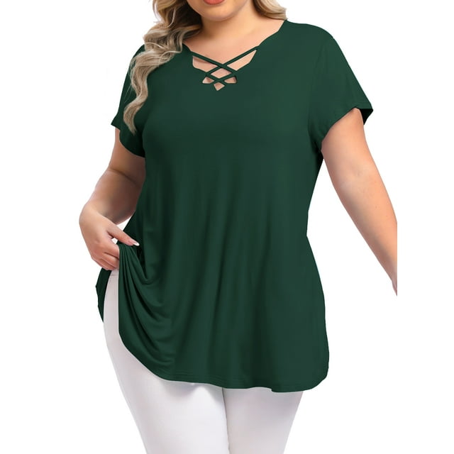 Womens Plus Size Tops Criss Cross V Neck Short Sleeve Summer Casual ...