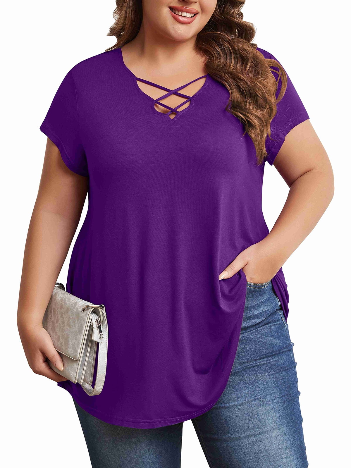 Womens Plus Size Tops Criss Cross V Neck Short Sleeve Summer Casual ...