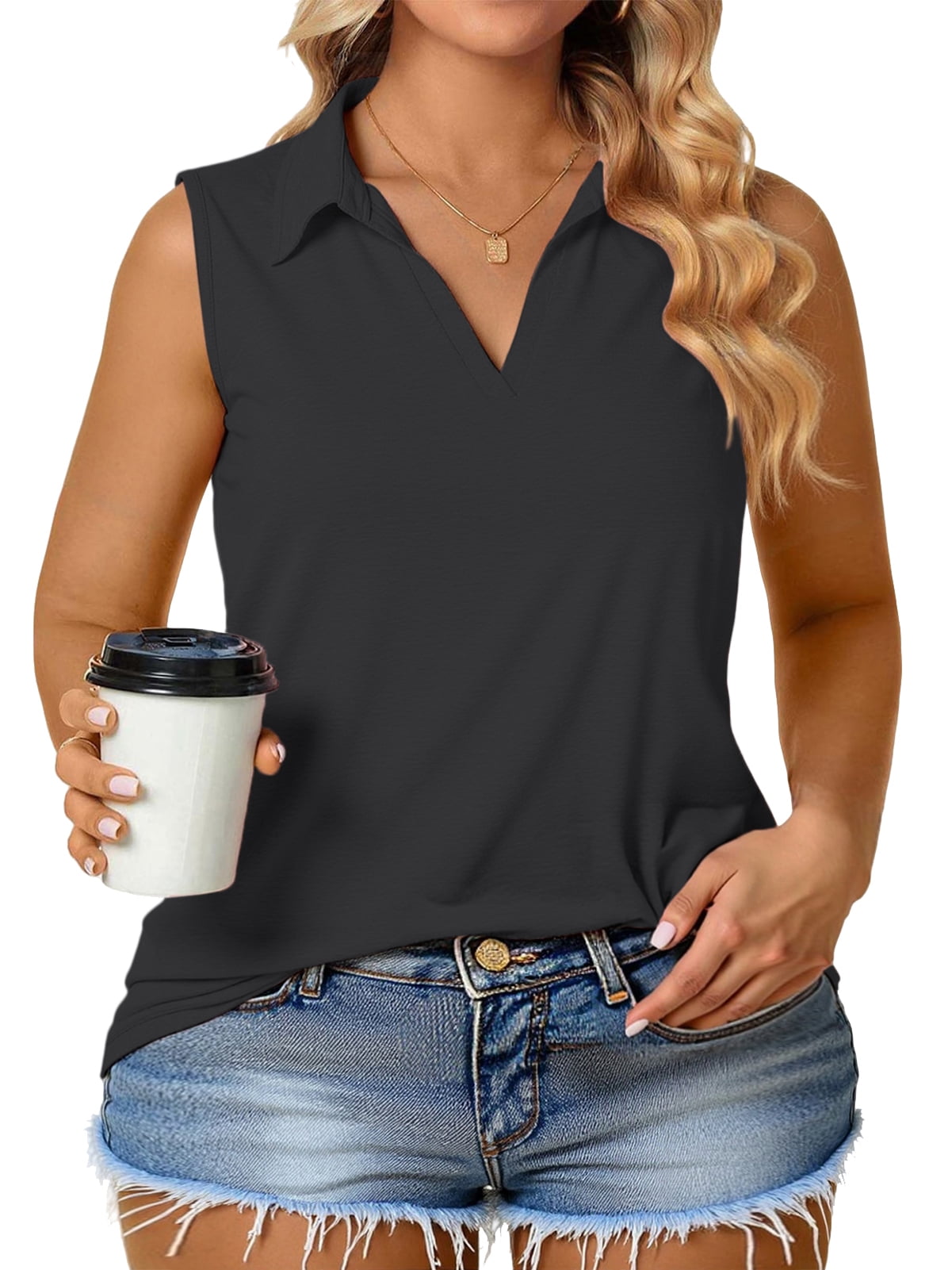 Womens Plus Size Tops Cute Sleeveless Polo Shirts Collared V Neck Work ...