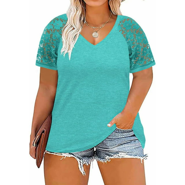 Womens Plus Size Tops Lace Short Sleeve Blouses Summer V Neck Tunic