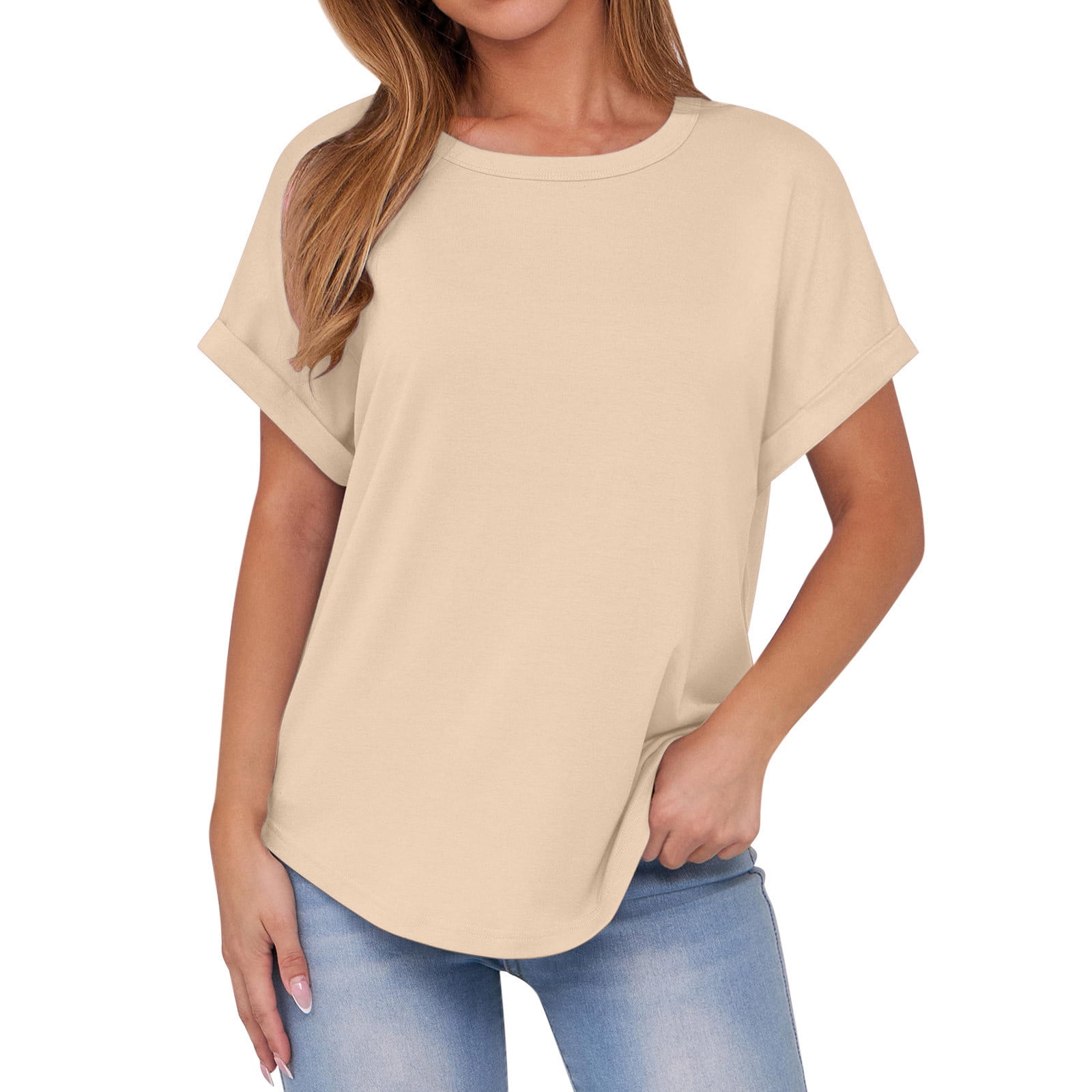 Womens Plus Size Tops Short Sleeve Crewneck Tee Casual Loose Fit Basic Solid Color Tee Shirt ...