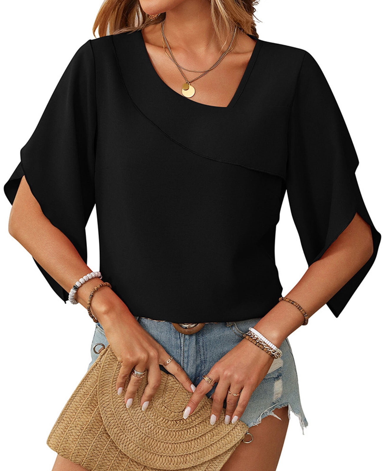 Womens Plus Size Tops Summer Flutter Sleeve Chiffon Blouses Casual V ...