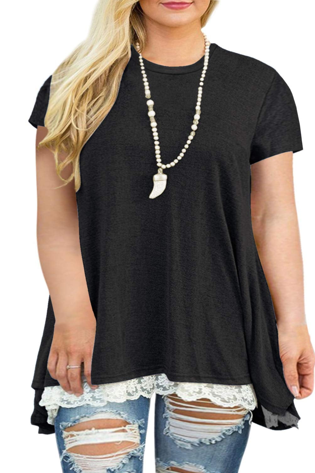 Womens Plus Size Tops XL-4XL Lace Short Sleeve Tunics A-Line Shirts ...