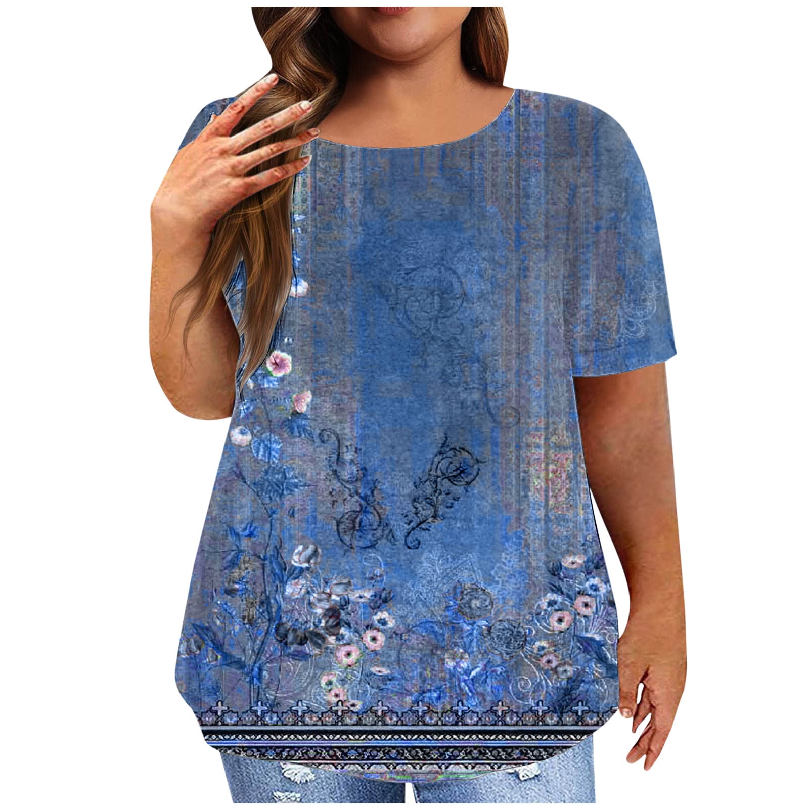 Womens Plus Size Tops for Summer Casual Floral Prints Fashion Loose Tunic Crewneck T Shirts ...