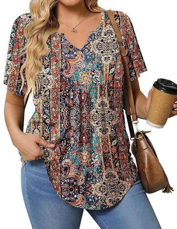 Womens Plus Size Tunic Tops Summer Short Sleeve V Neck Floral Blouse ...