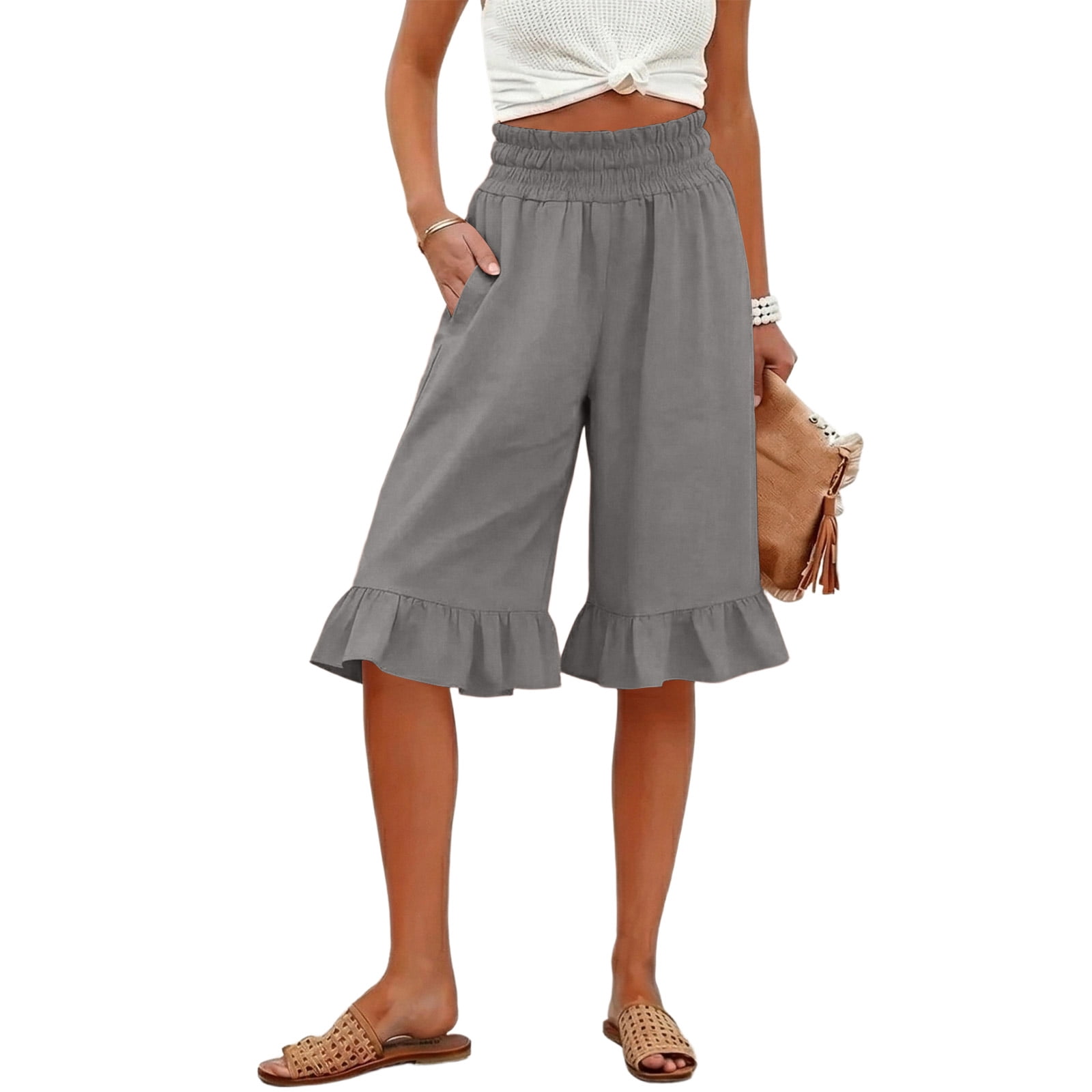 Womens Plus Size Wide Leg Pants High Waisted Palazzo Cropped Petite ...