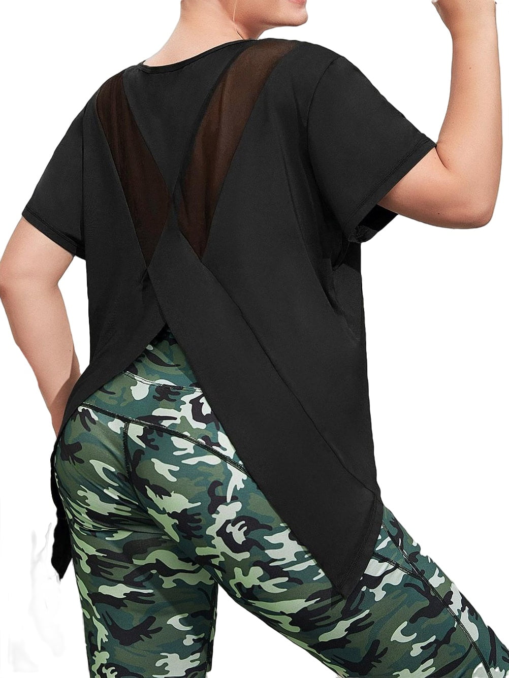 Womens Plus Sports Tees Contrast Mesh Round Neck Tops Black 2XL ...