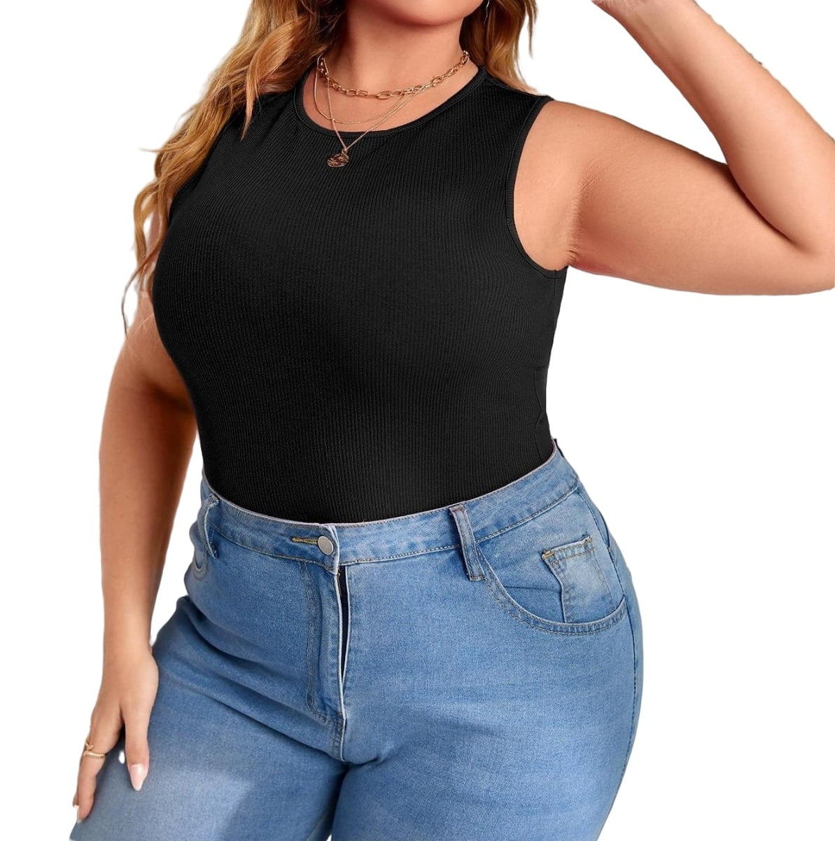 Womens Plus Tank Tops & Camis Plain Round Neck Tank Top 4XL Black ...