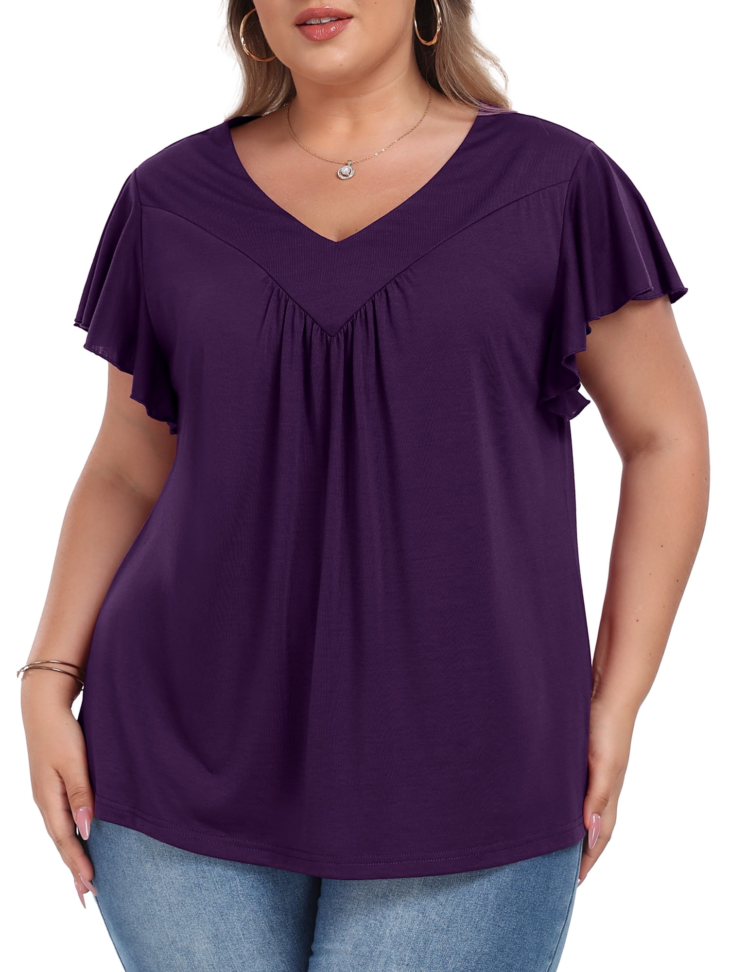 Womens Plus size Top V Neck Short Ruffled Cap Sleeves T Shirts Loose ...