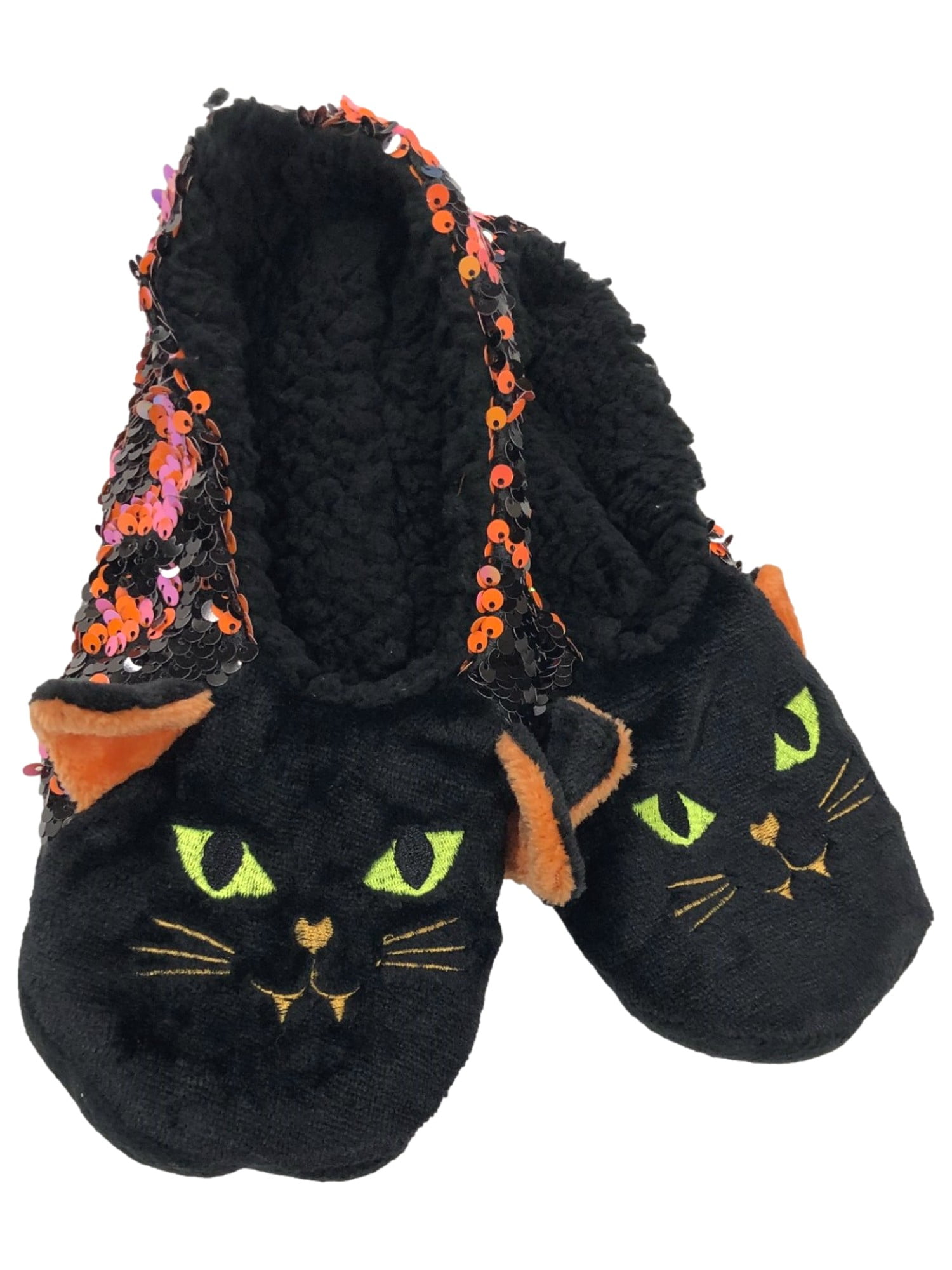 Womens Plush Black Flip Sequin Halloween Kitty Cat Slippers S/M (5-7 ...