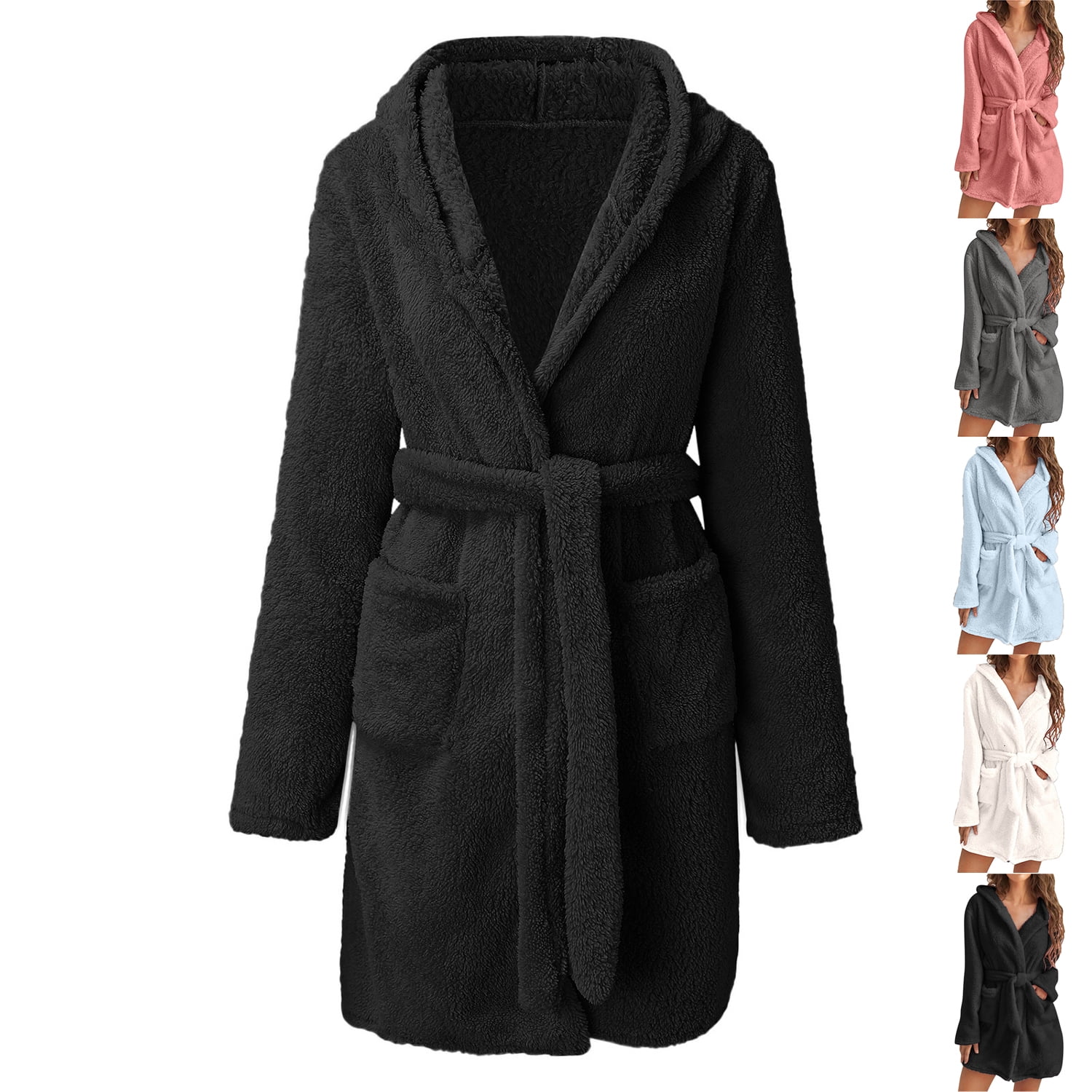 Womens Plush Fleece Robe, Cozy Warm Bathrobe Fuzzy Female Spa Robe With ...