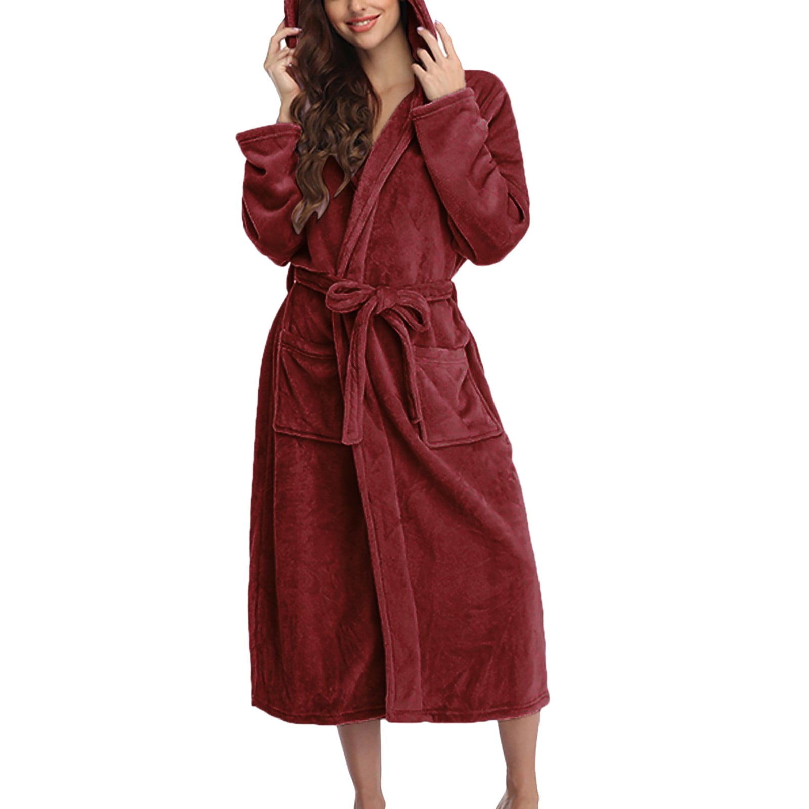 Womens Plush Fleece Robe Cozy Warm Bathrobe Fuzzy Female Spa Robe With