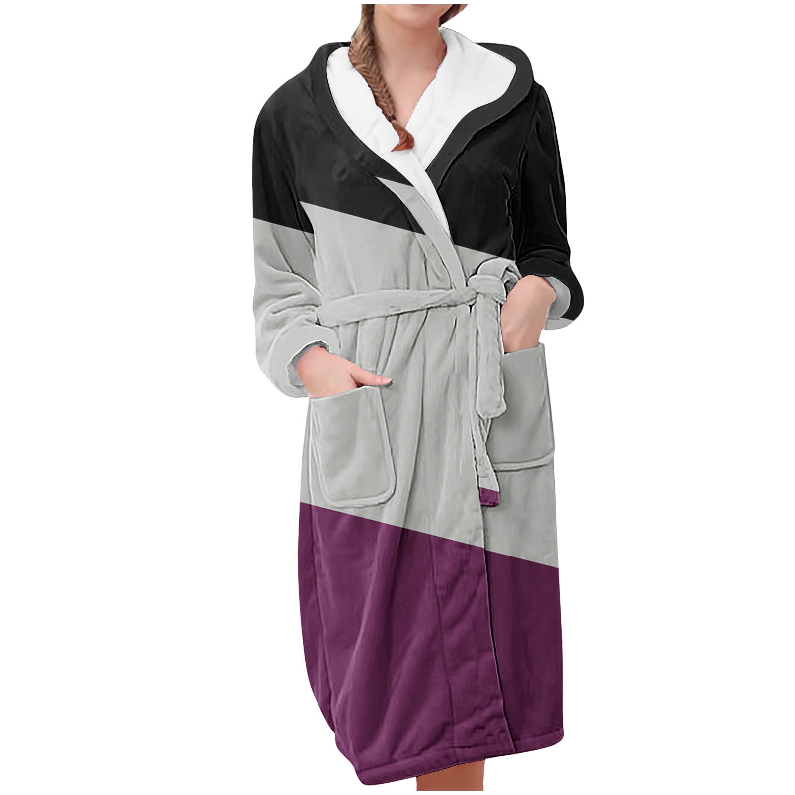 Womens Plush Hooded Robe, Warm Fuzzy Mid Length Bath Robes Soft Fleece ...