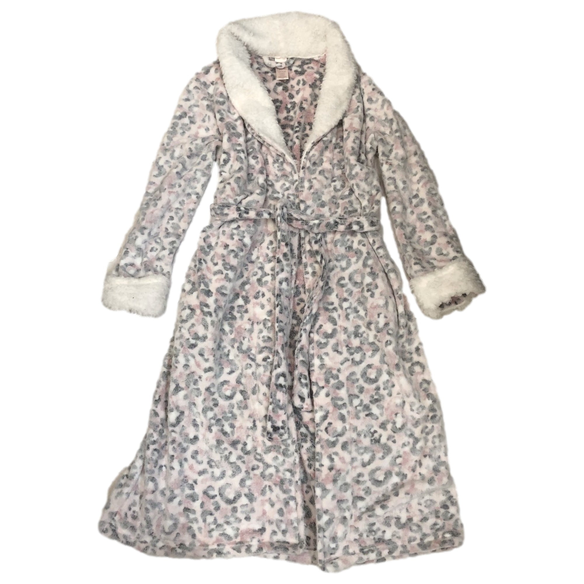 Womens Plush Pink Leopard Print Calf Length Bathrobe Bath Robe Large ...