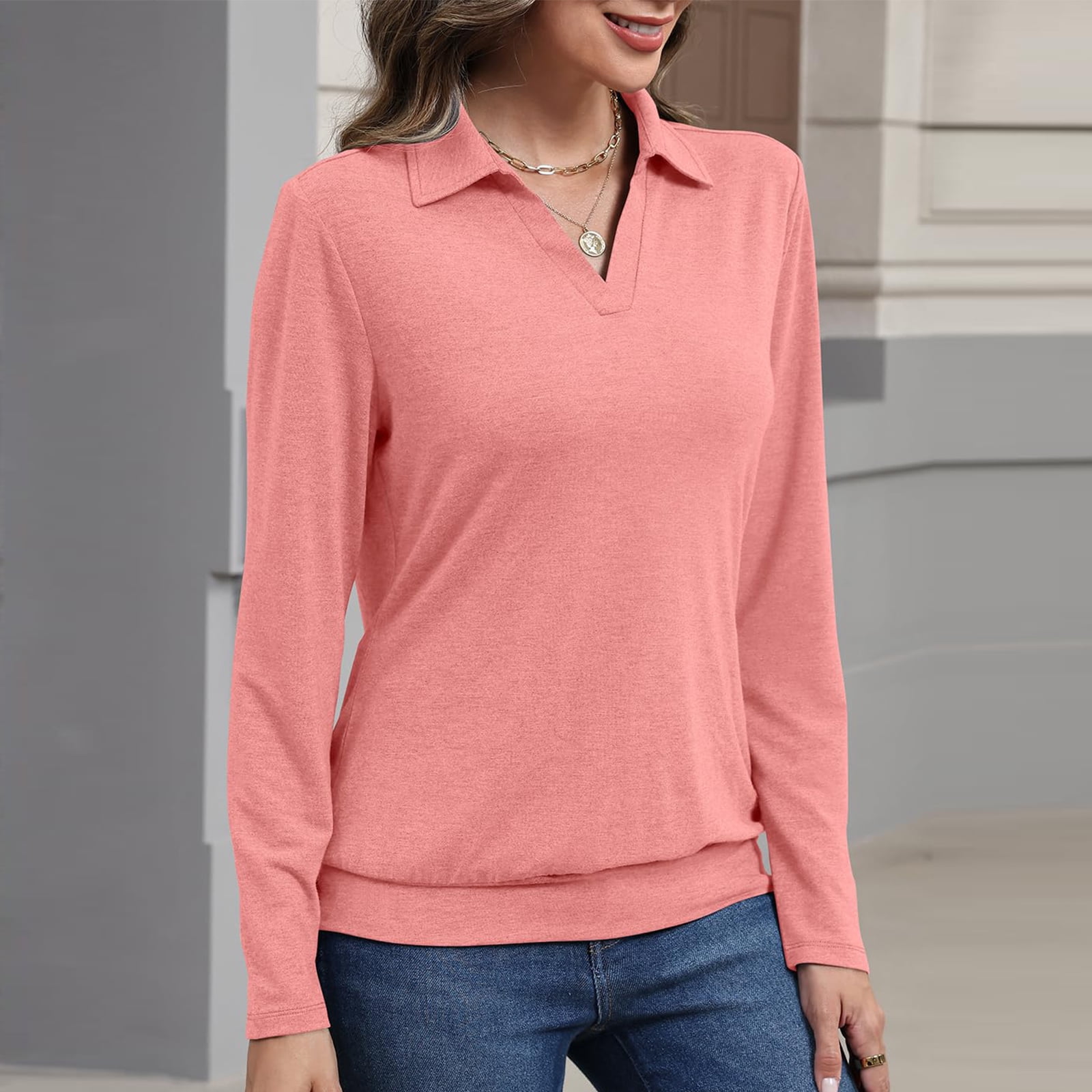Womens Polo Shirts Long Sleeve Banded Bottom Tops Business Casual Tops ...