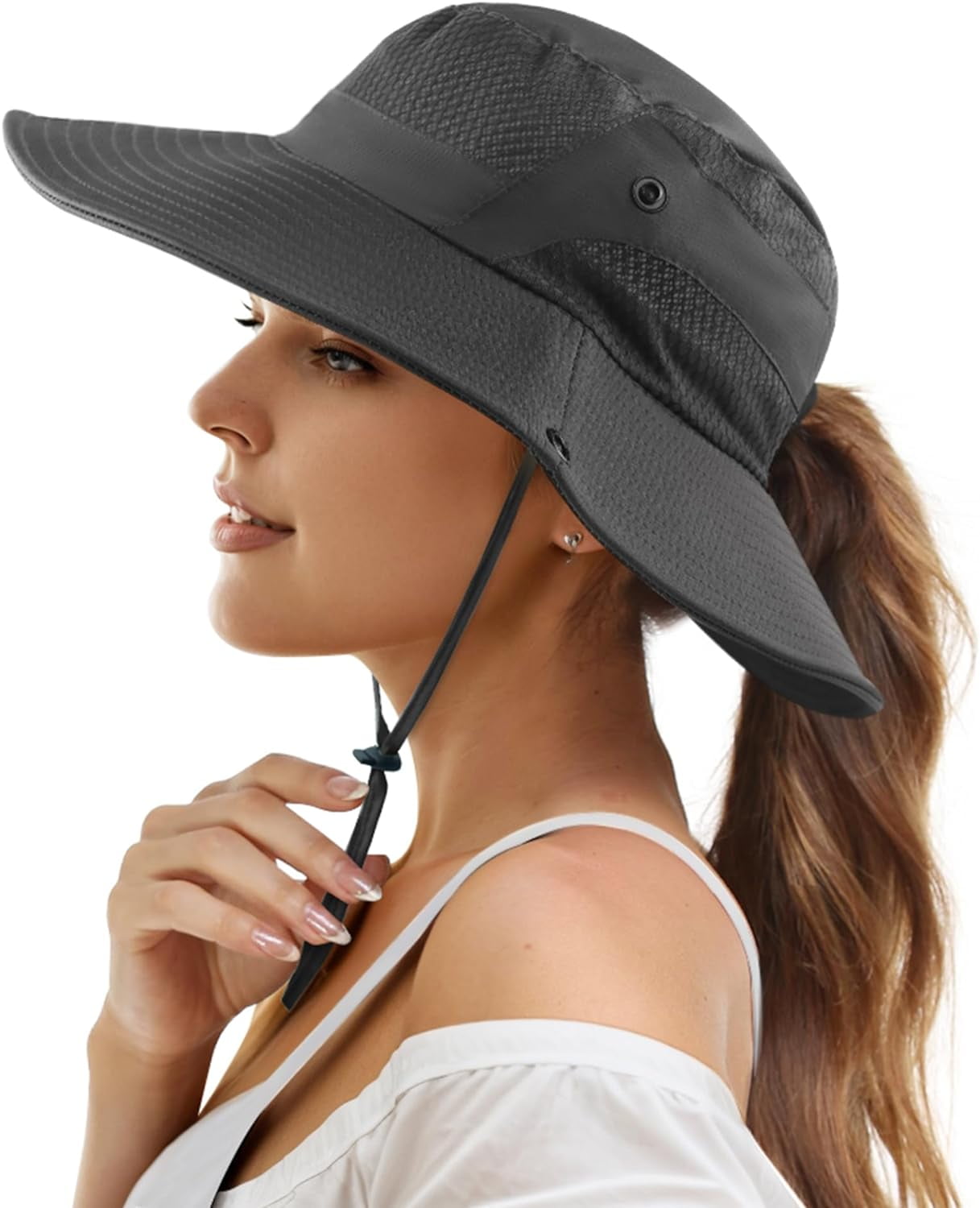 Womens Ponytail Sun Hat Wide Brim Mesh Bucket Hat UV UPF50 Protection Hat Foldable Summer Travel ...