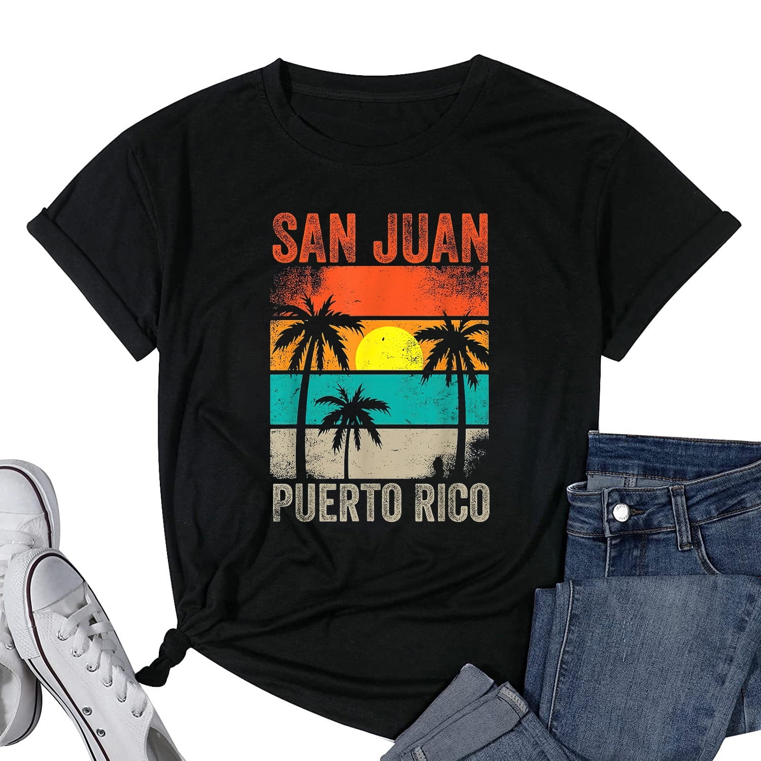 Womens Puerto Rico San Juan Sunset Palm Trees Beach Graphic T-Shirt ...