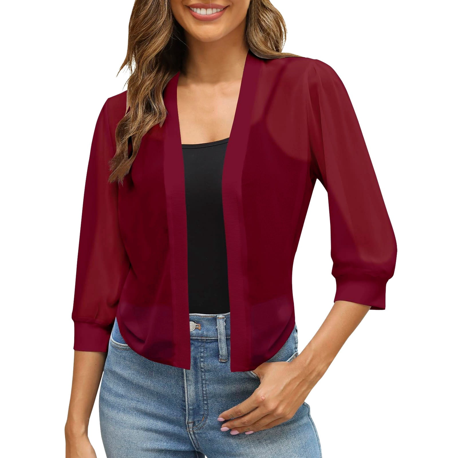 Womens Puff Sleeve Bolero Open Front Summer Cropped Sheer Jackets Cardigan Red L - Walmart.com