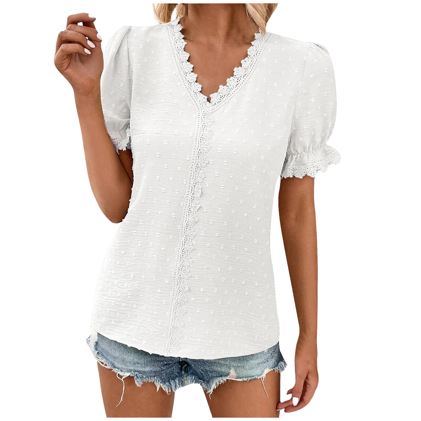 Womens Puff Sleeve Tops Ruffled Lace Trim Dressy Casual Blouses for ...
