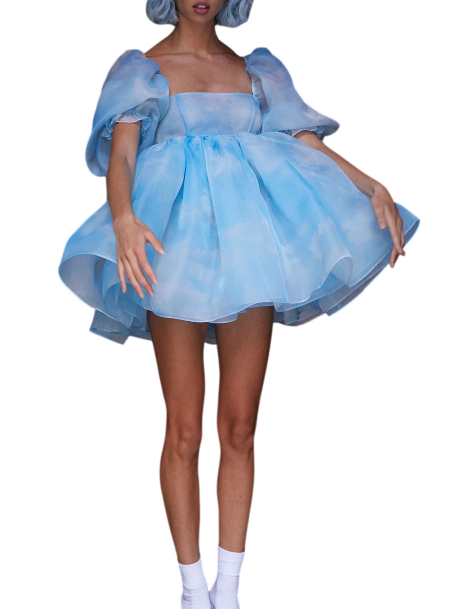 Womens Puff Sleeve Tulle Princess Dress Fairy Ruffle Flowy Mesh Mini ...