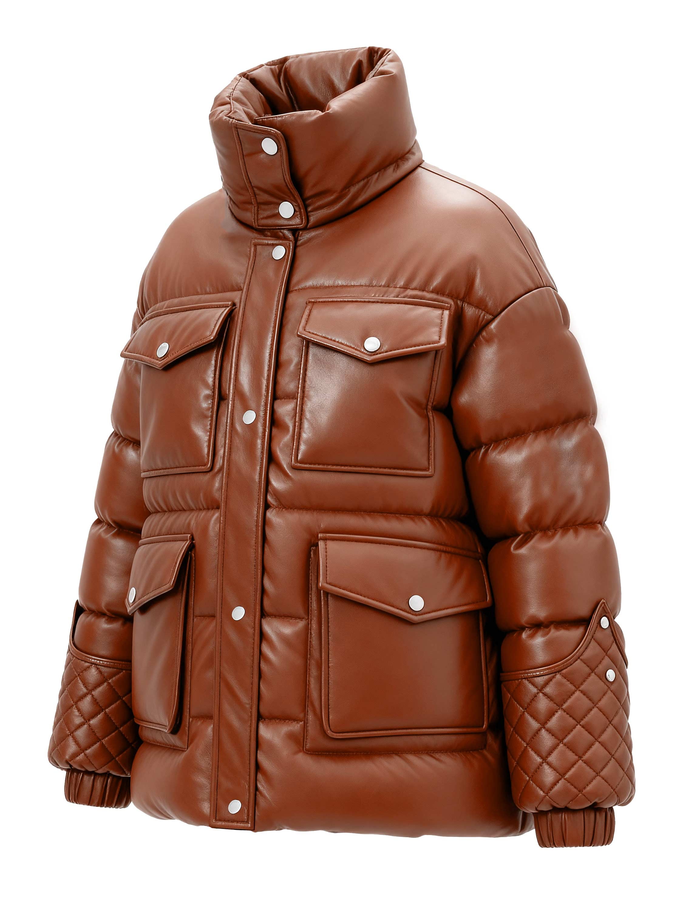 Womens Puffer Jacket Button Down High Padded Collar Quilted Cuff Winter ...