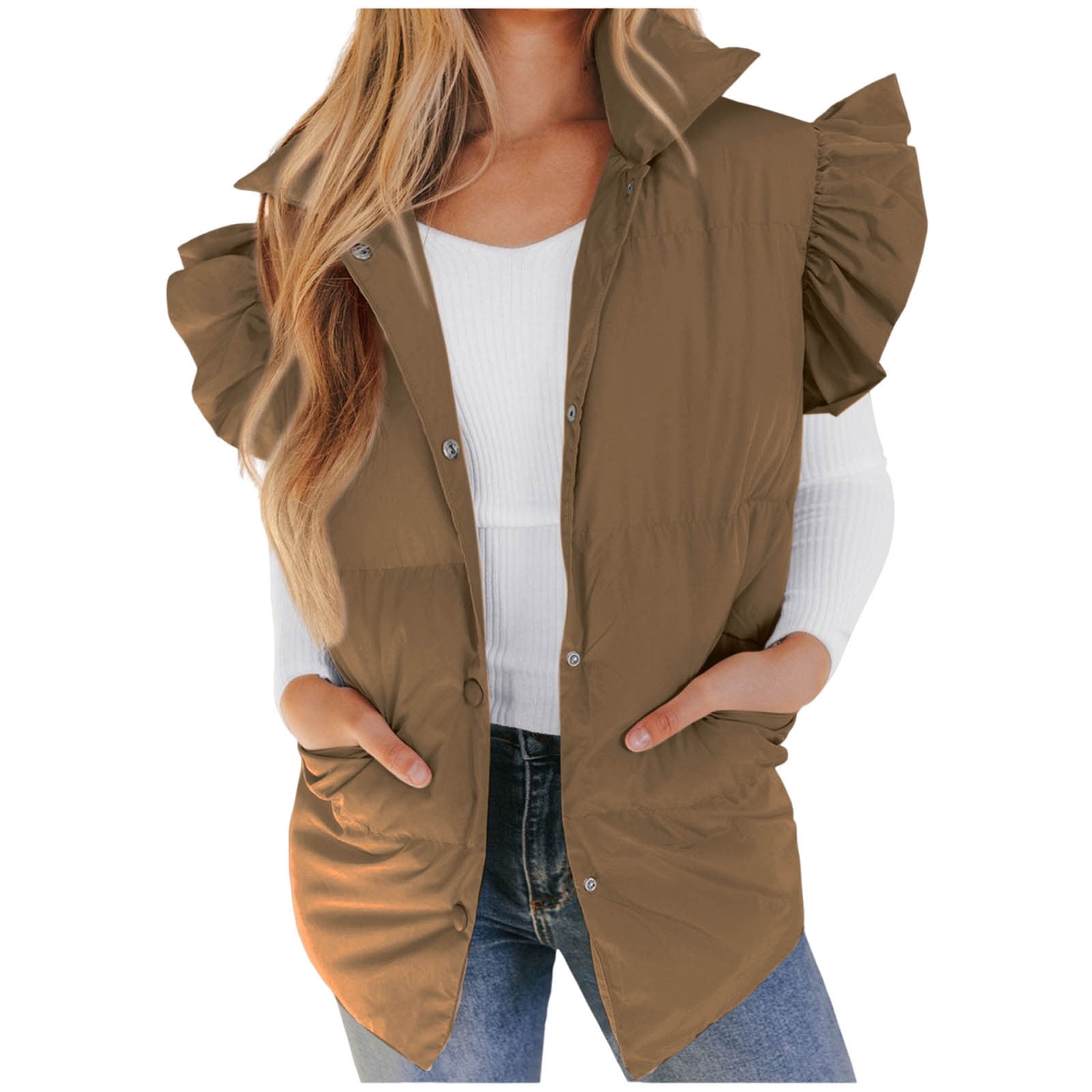 Womens Puffer Vest Ruffle Sleeveless Button Down Winter Warm Padded ...