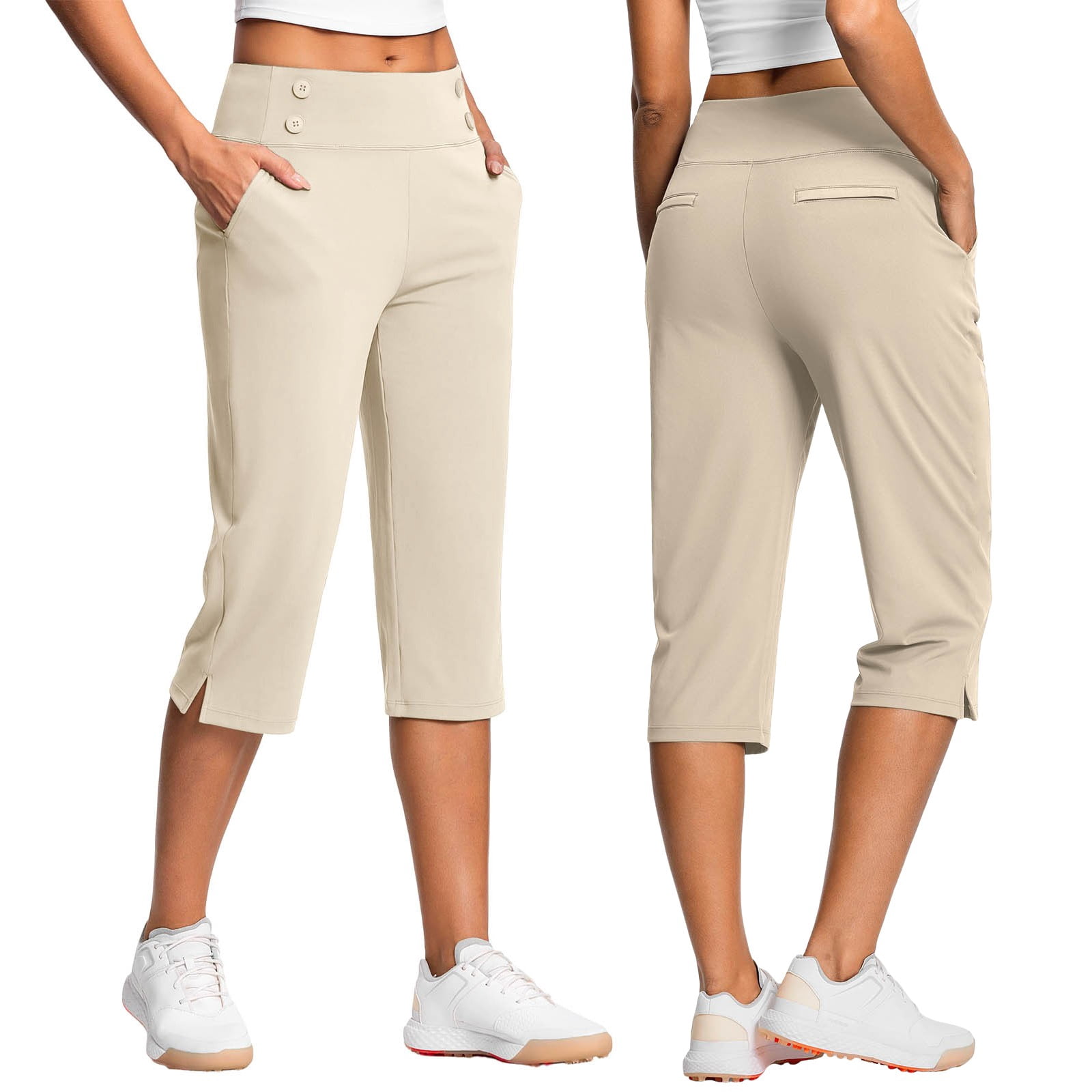 Womens Pull on Capri Pants with 4 Pockets Wide Waistband High Waisted ...