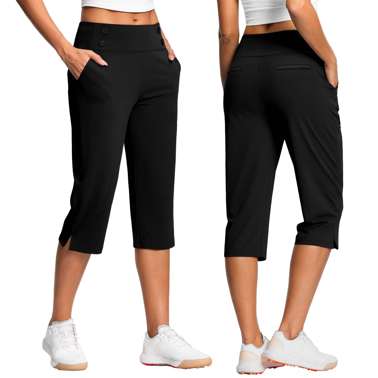 Womens Pull on Capri Pants with 4 Pockets Wide Waistband High Waisted Stretch Workout Yoga Split ...